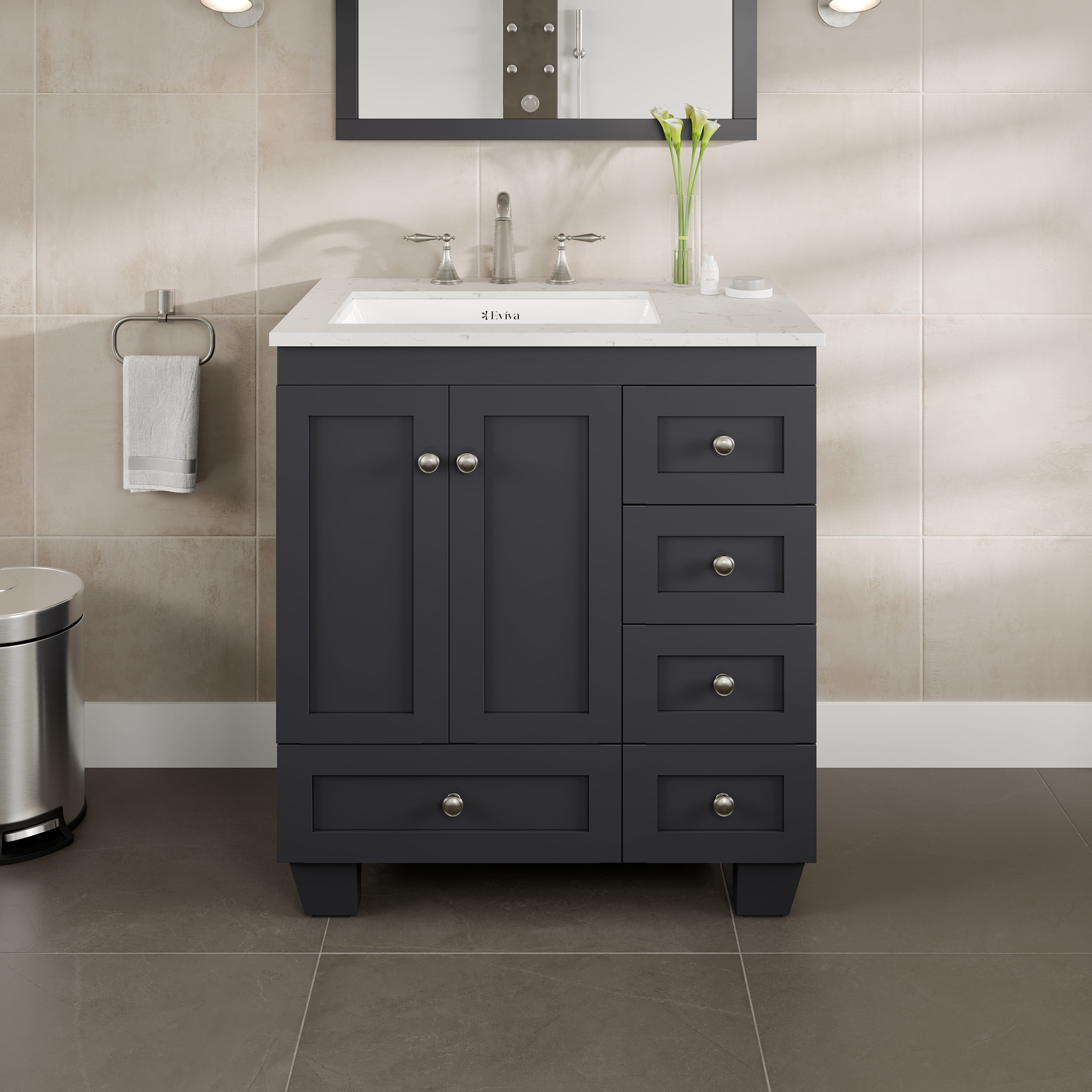 Eviva Acclaim 30"W x 22"D Drak Gray Bathroom Vanity with White Carrara ...
