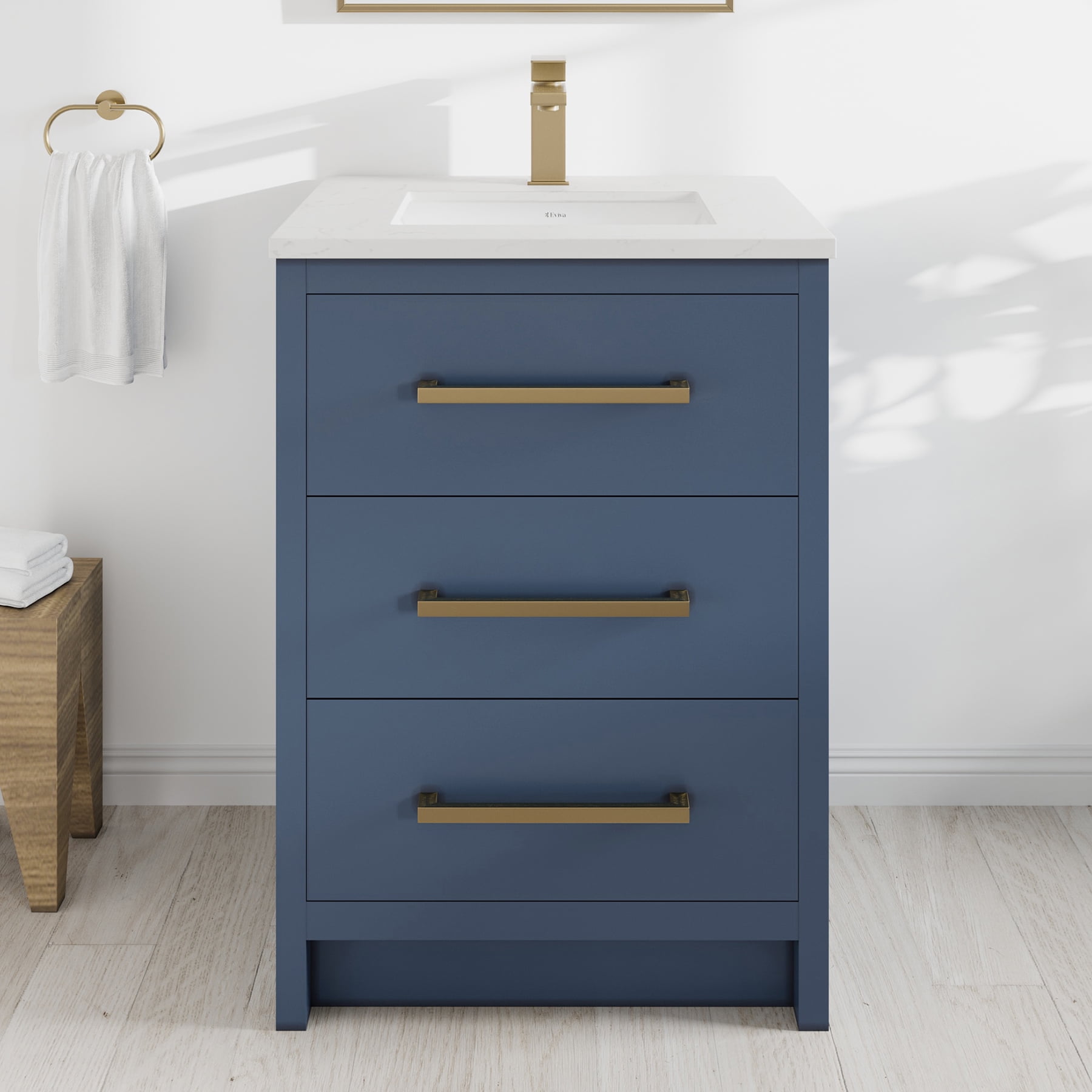 Eviva Curio 24"W x 18"D Dark Blue Bathroom Vanity with White Carrara ...
