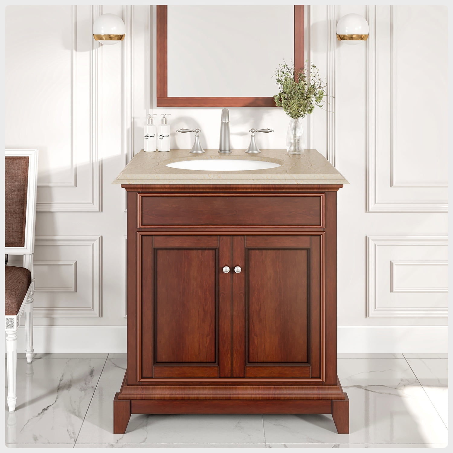 Eviva Elite Princeton 30" Teak Bathroom Vanity w/ Double Ogee Edge Crema Marfil Top - Walmart.com