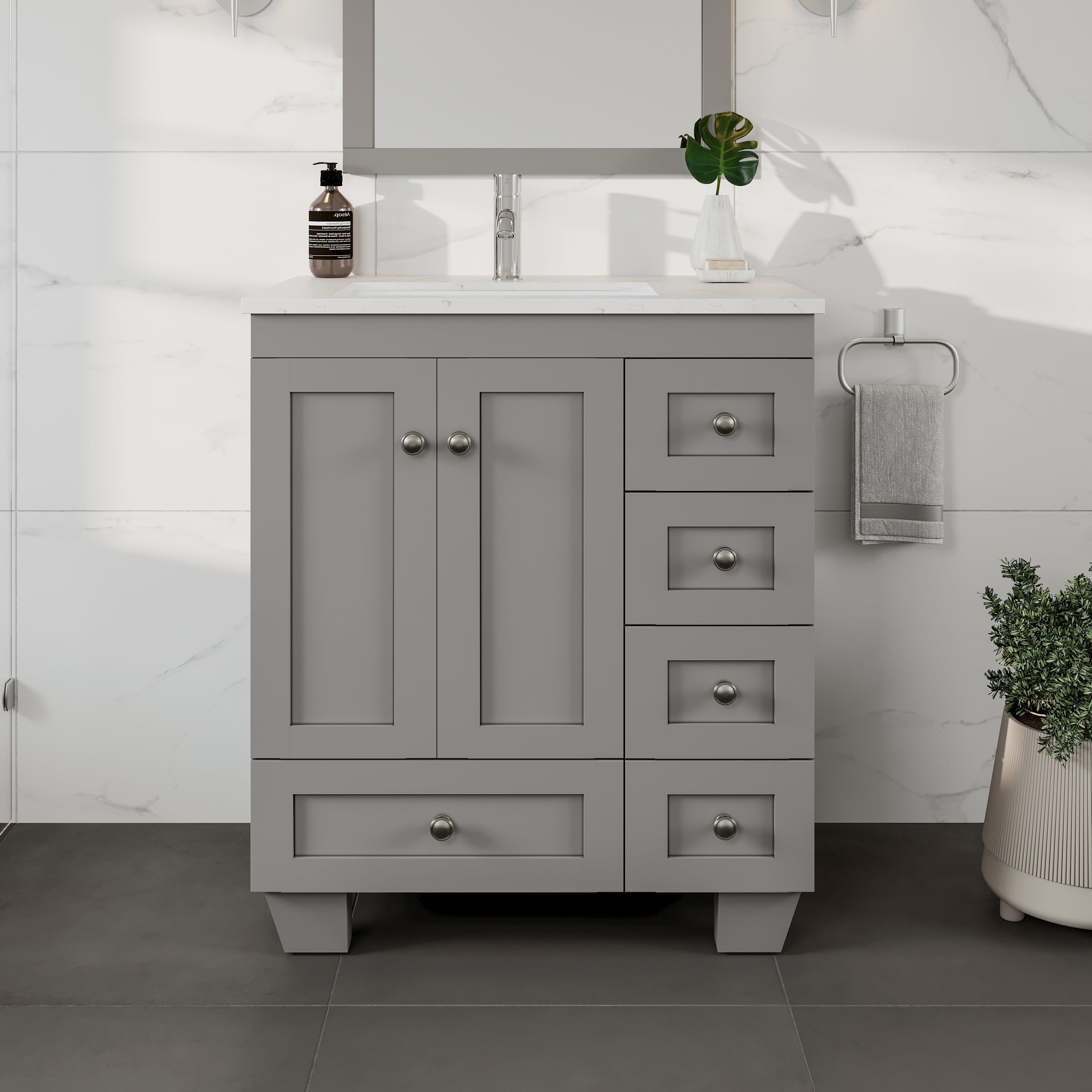 Eviva Happy 28"W x 18"D Gray Bathroom Vanity with Carrara Quartz ...