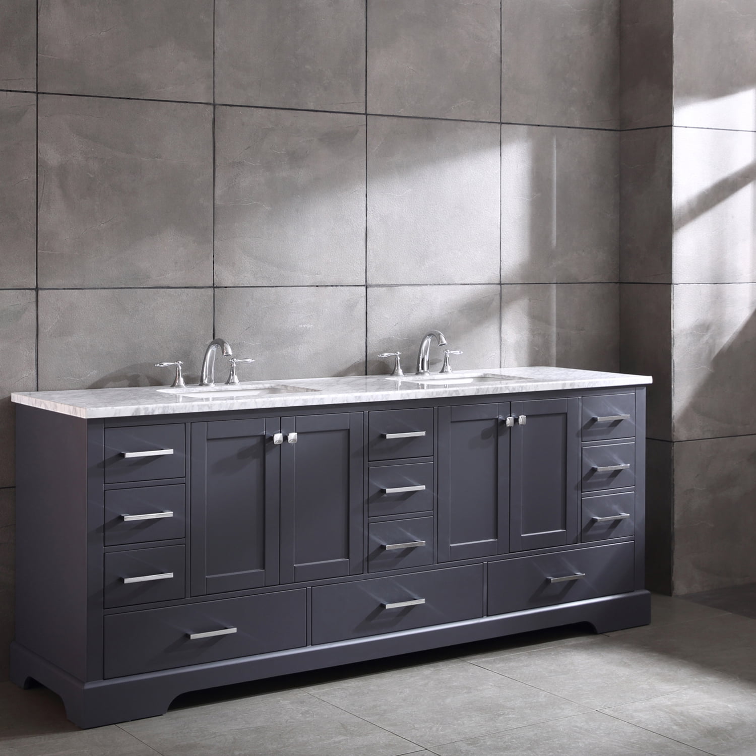 Eviva Storehouse 84 Inch Dark Gray Bathroom Vanity with White Carrara ...