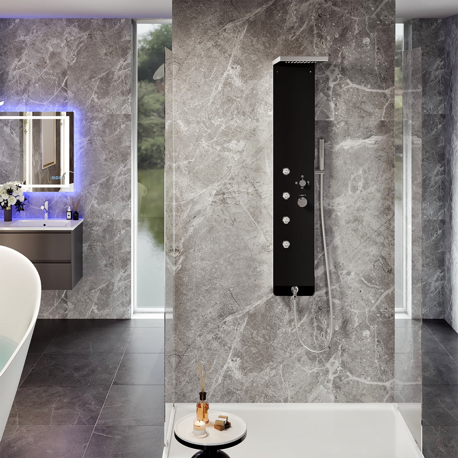 Eviva Velino Black Tempered Glass Thermostatic Shower Massage Panel ...