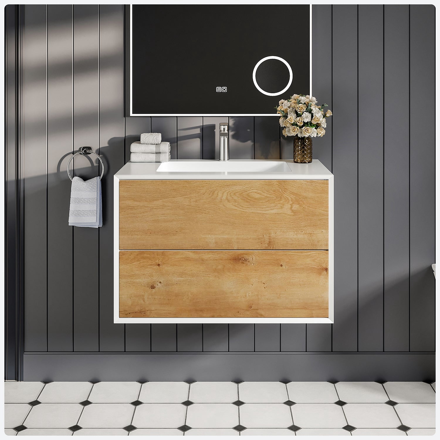 Eviva Vienna 36 in. Oak White Wall Mount Bathroom Vanity with White ...