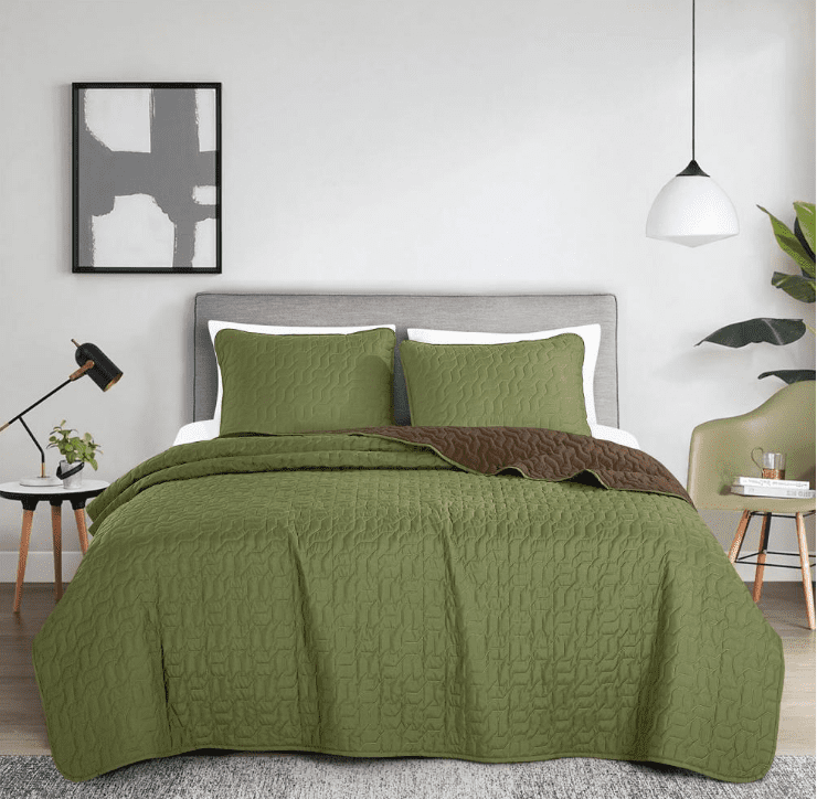 Evjk 3-Piece Reversible Quilted Bedspread Set – Soft Microfiber, Green ...
