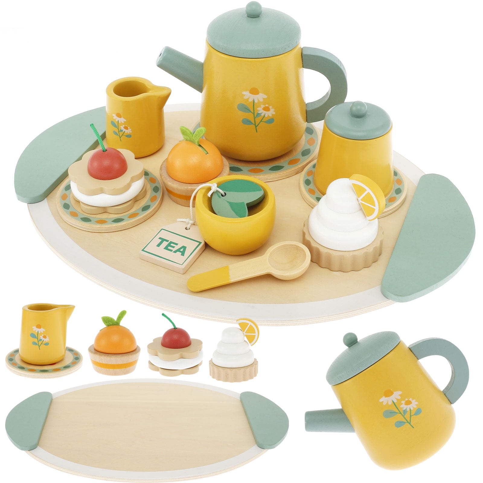 Evjurcn 13 Pcs Wooden Tea Set for Girls,Terrific Teapot Kids Pretend ...