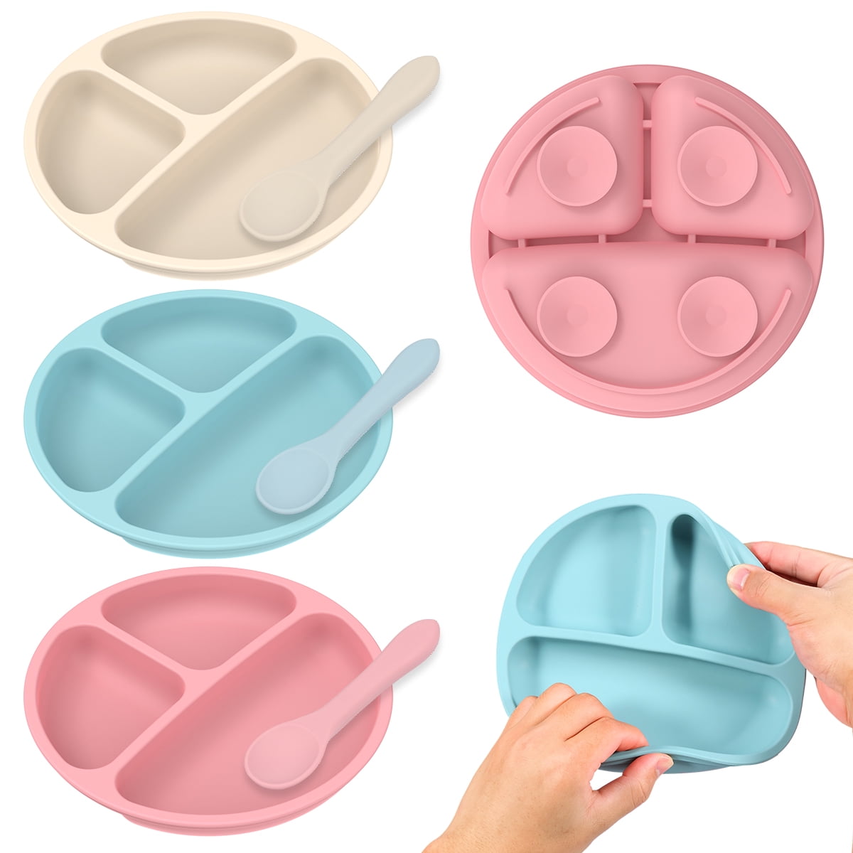 Evjurcn 3Pcs Baby Suction Plates with 3 Spoons BPA Free Silicone ...