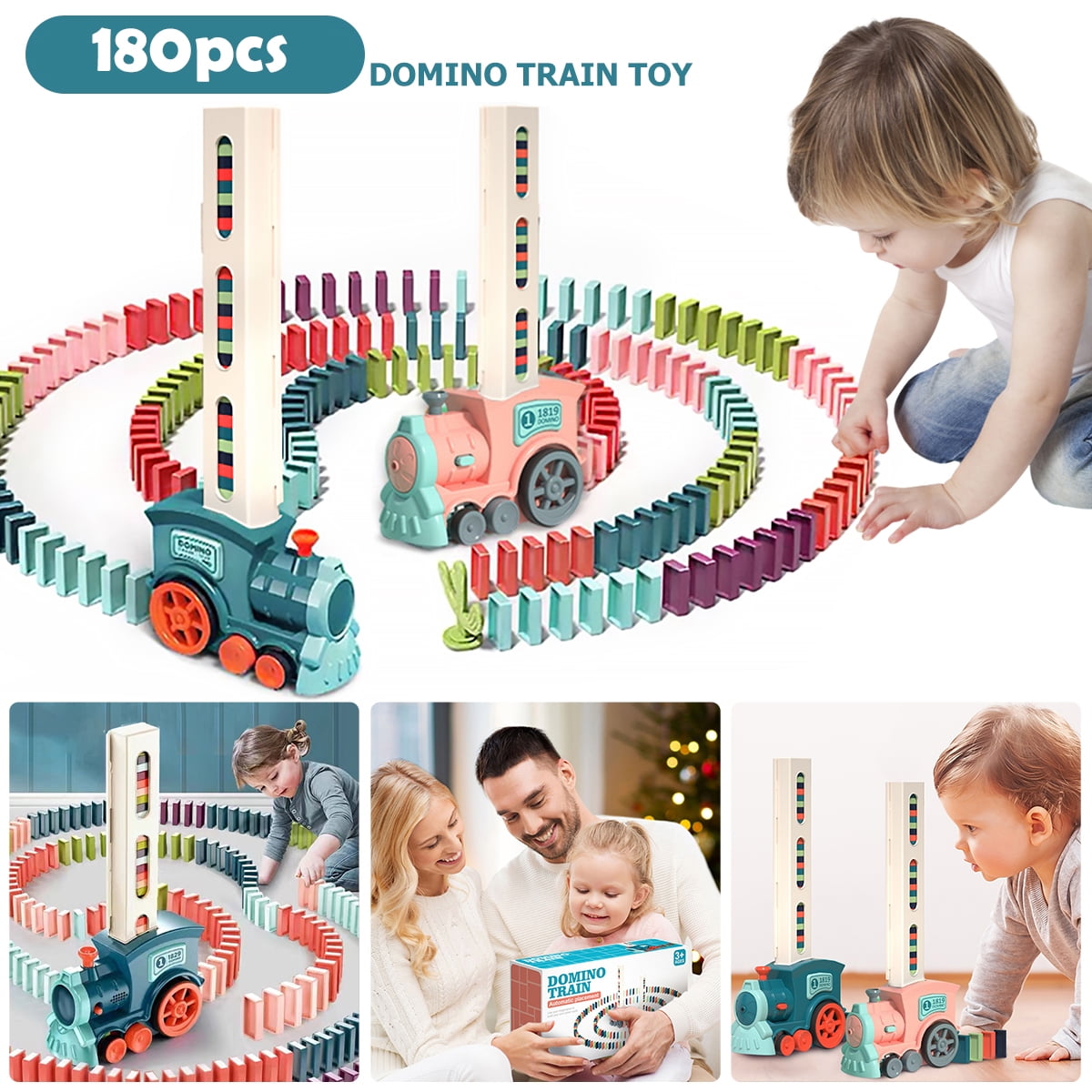 Evjurcn Domino Train Blocks Toy Set 180Pcs Building and Stacking Toy ...