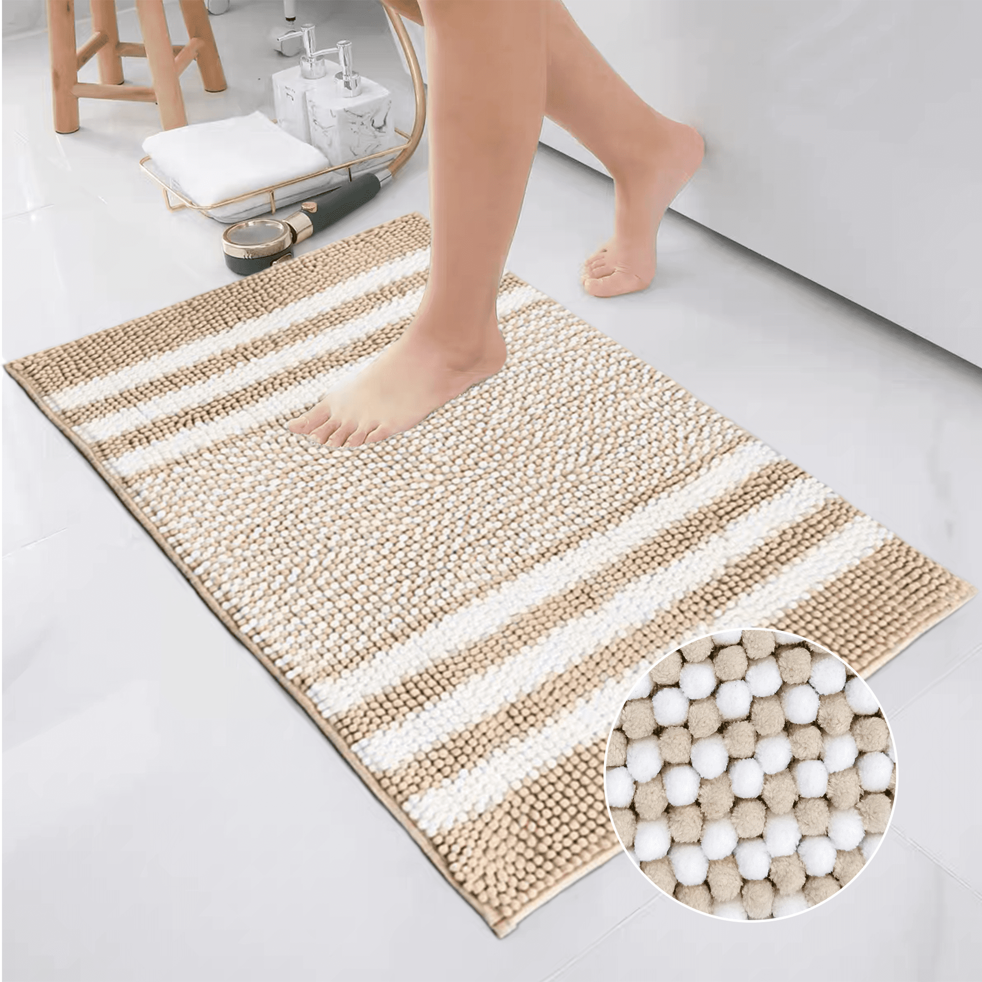 Furrygo Khaki Chenille Bathroom Rugs, Soft and Absorbent Bath Mat Rug ...