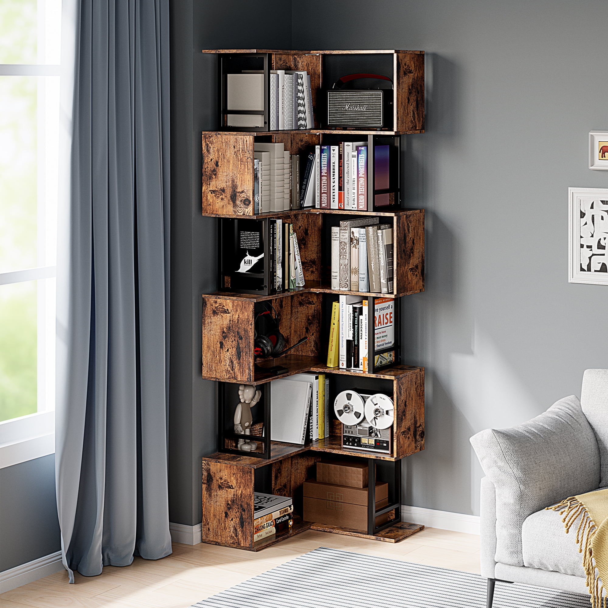 Evmore 6-Tier Geometric Bookshelf, Corner Bookcase for Living Room ...