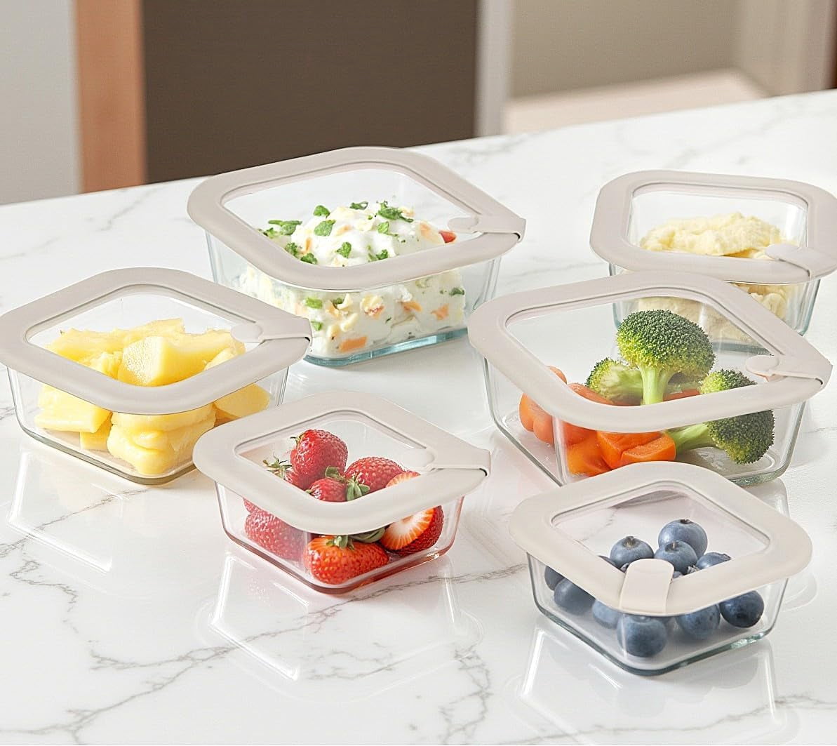 -Evo Glass Food Containers with Glass Lid, 6 Pack Square Shape, Large ...