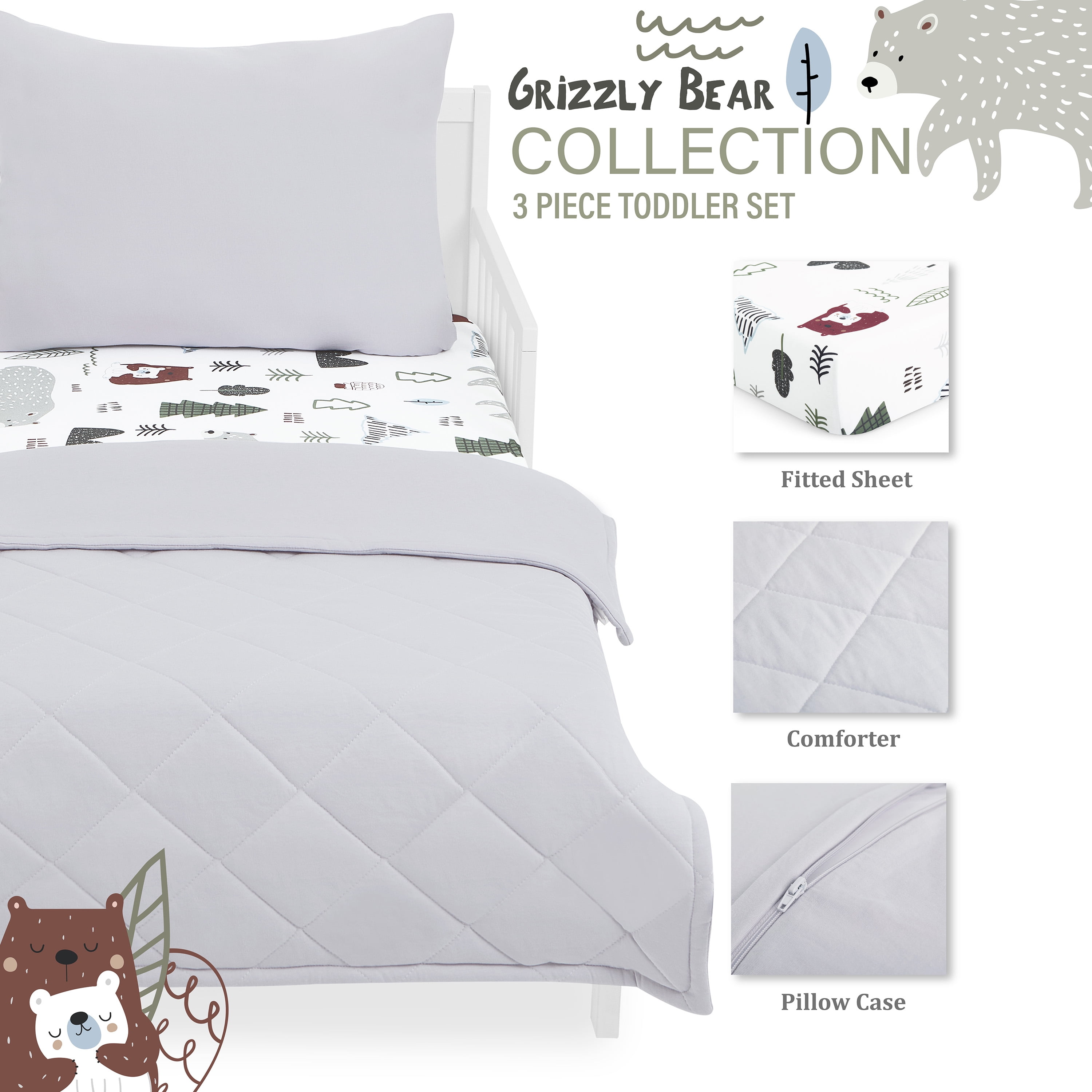 Evolur Grizzly Bear Collection 3pc Toddler Bed Set (Fitted Sheet ...