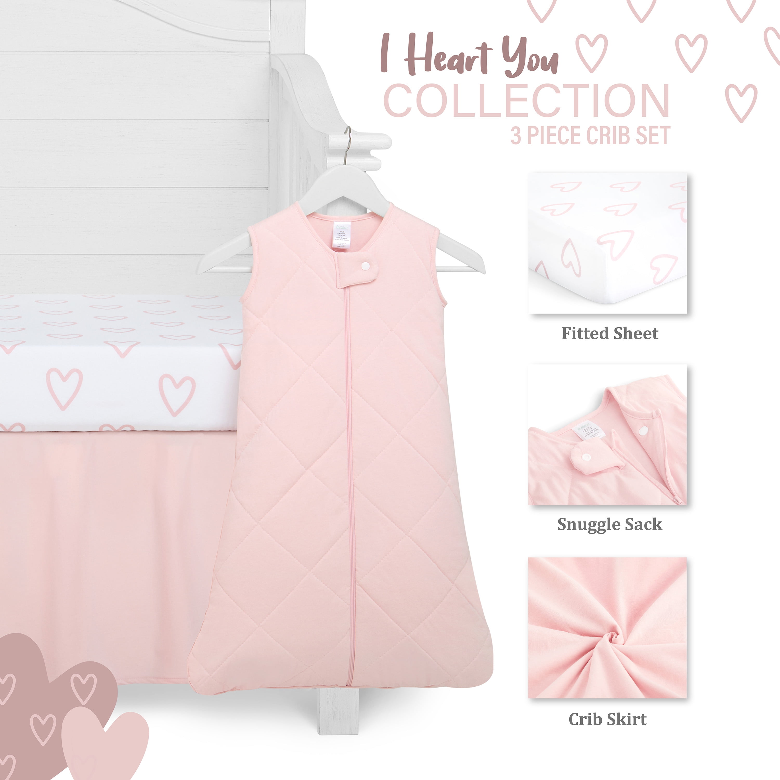 Evolur I Heart You Collection 3pc Crib Set (Fitted Sheet, Snuggle Sack ...