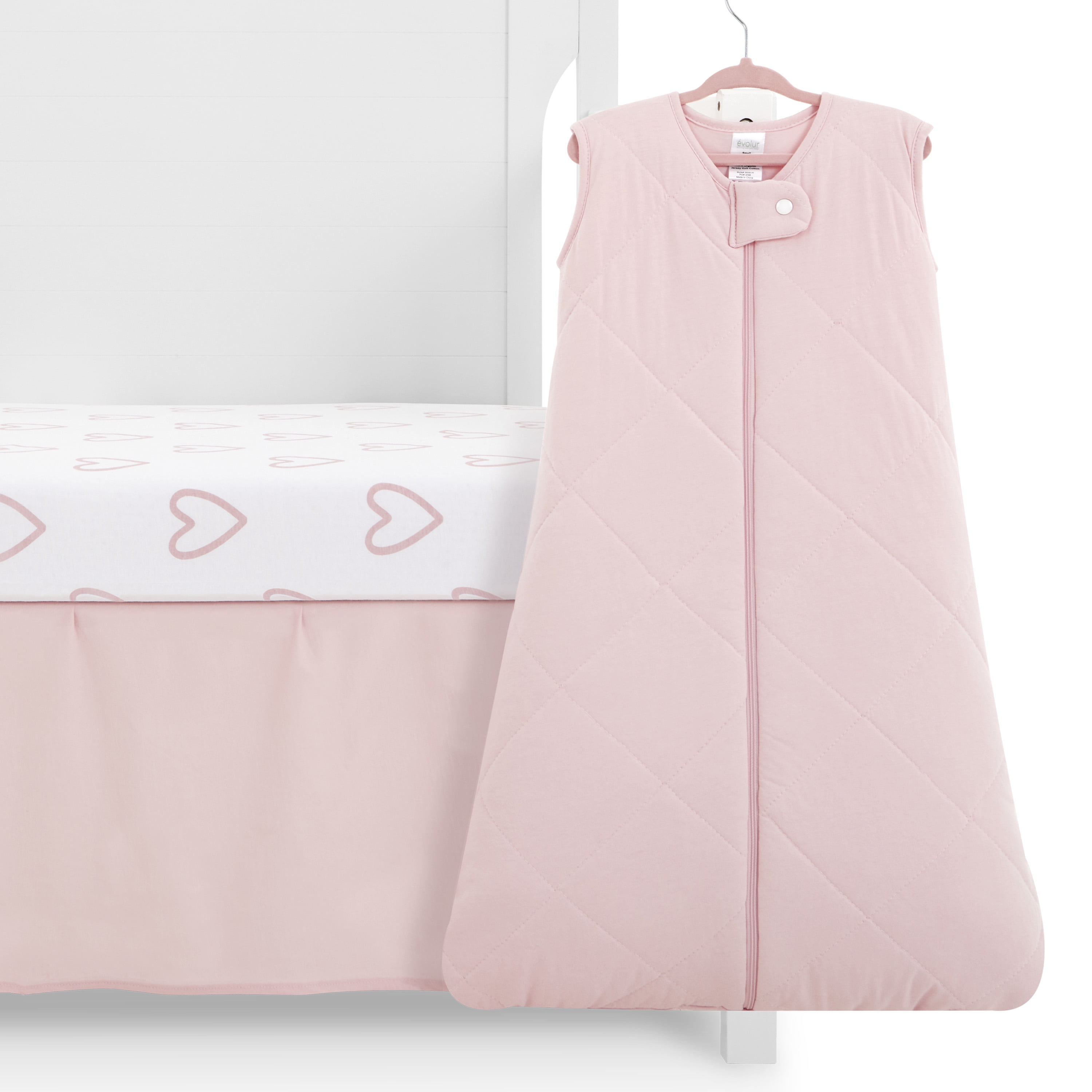 evolur I Heart You Mini Crib Set 3pc Baby Pink Heart Print Organic ...