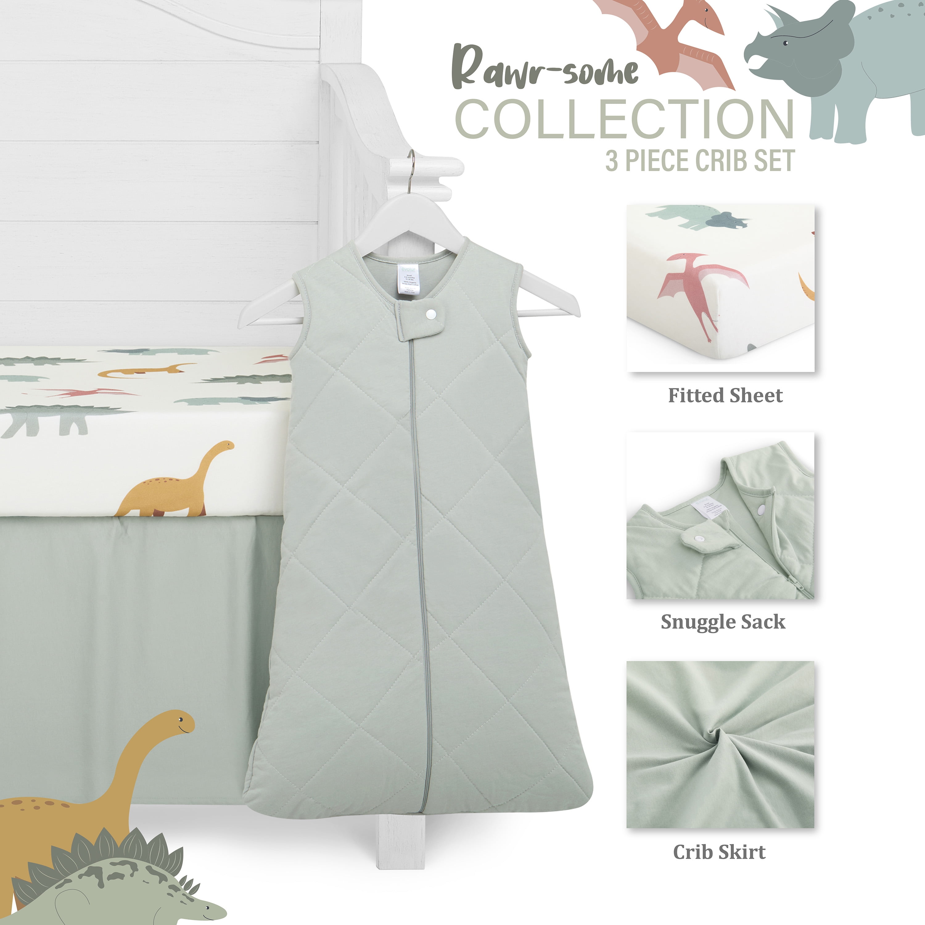 Evolur RawrSome Collection 3pc Crib Set (Fitted Sheet, Snuggle Sack ...