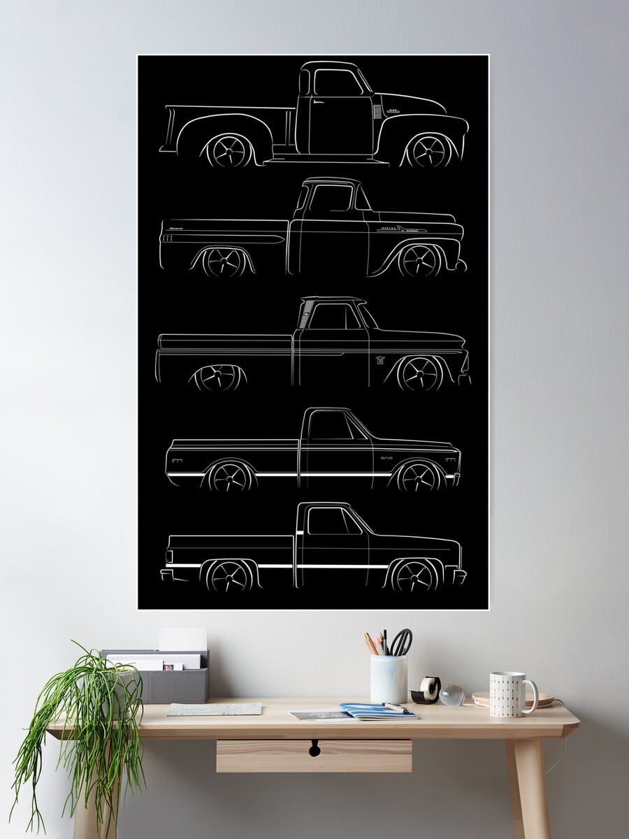 Evolution Of The Chevy Pickup - Profile Stencil, White Poster Wall Art ...