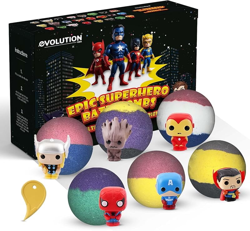 EvolutionUSA Epic Superhero Bath Bombs for Kids, 6 Super Hero Bath ...