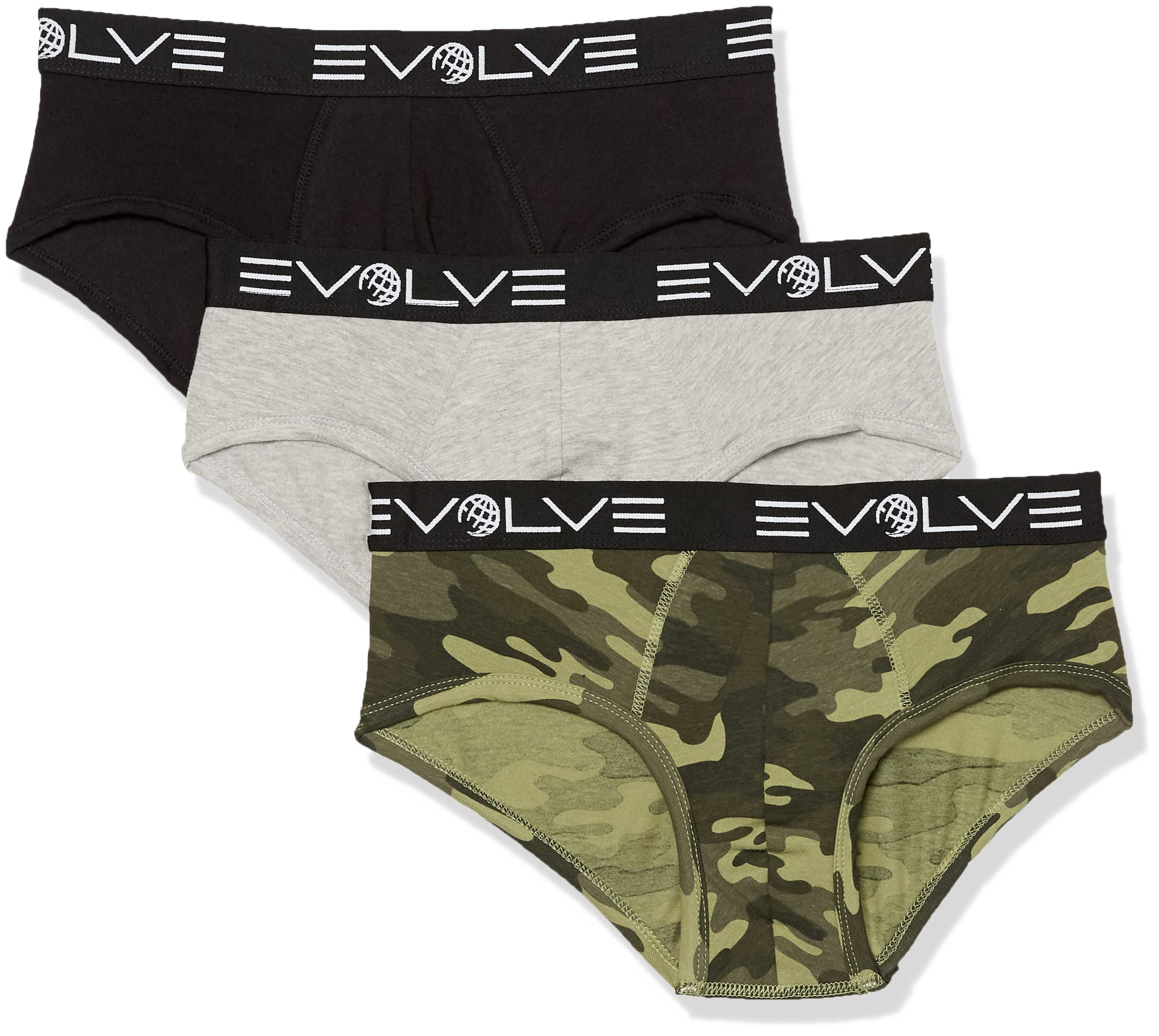 Evolve Men's Cotton Stretch 3 Pack No Show Brief, Black/Heather Grey/Traditional Camo-Army ...