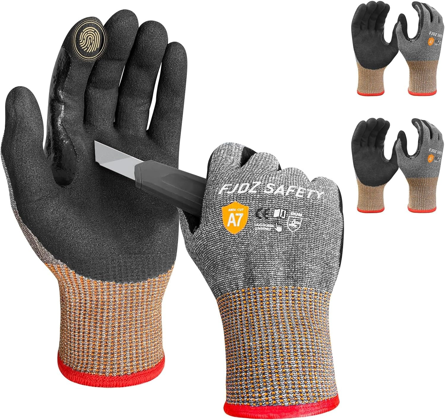 EvridWear ANSI A7 Cut Resistant Gloves, 3 Pairs Touchscreen Cutting Gloves with Sandy Nitrile ...