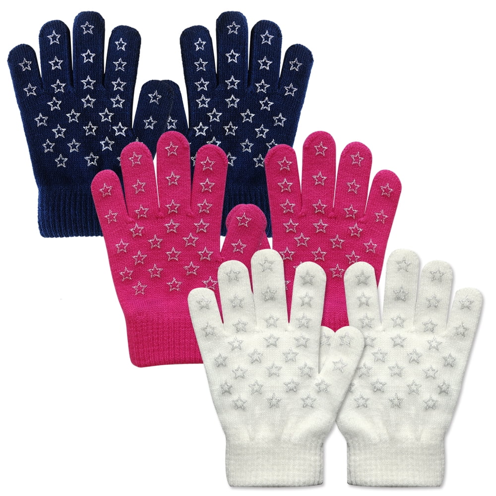EvridWear Boys Girls Magic Stretch Gripper Gloves 3 Pair Pack (Star, M ...