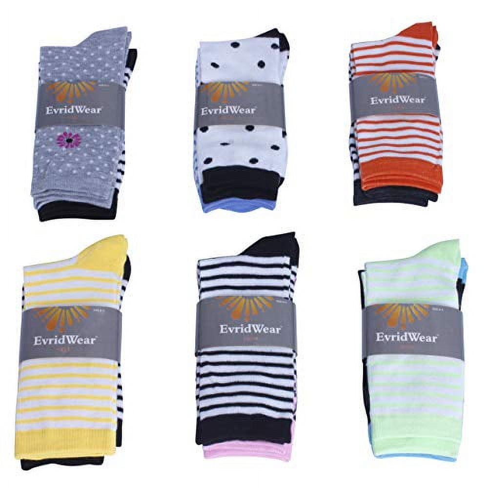 EvridWear Multi-Colored Crew Socks, 12 Pair Pack, Polka Dots, Stripes ...