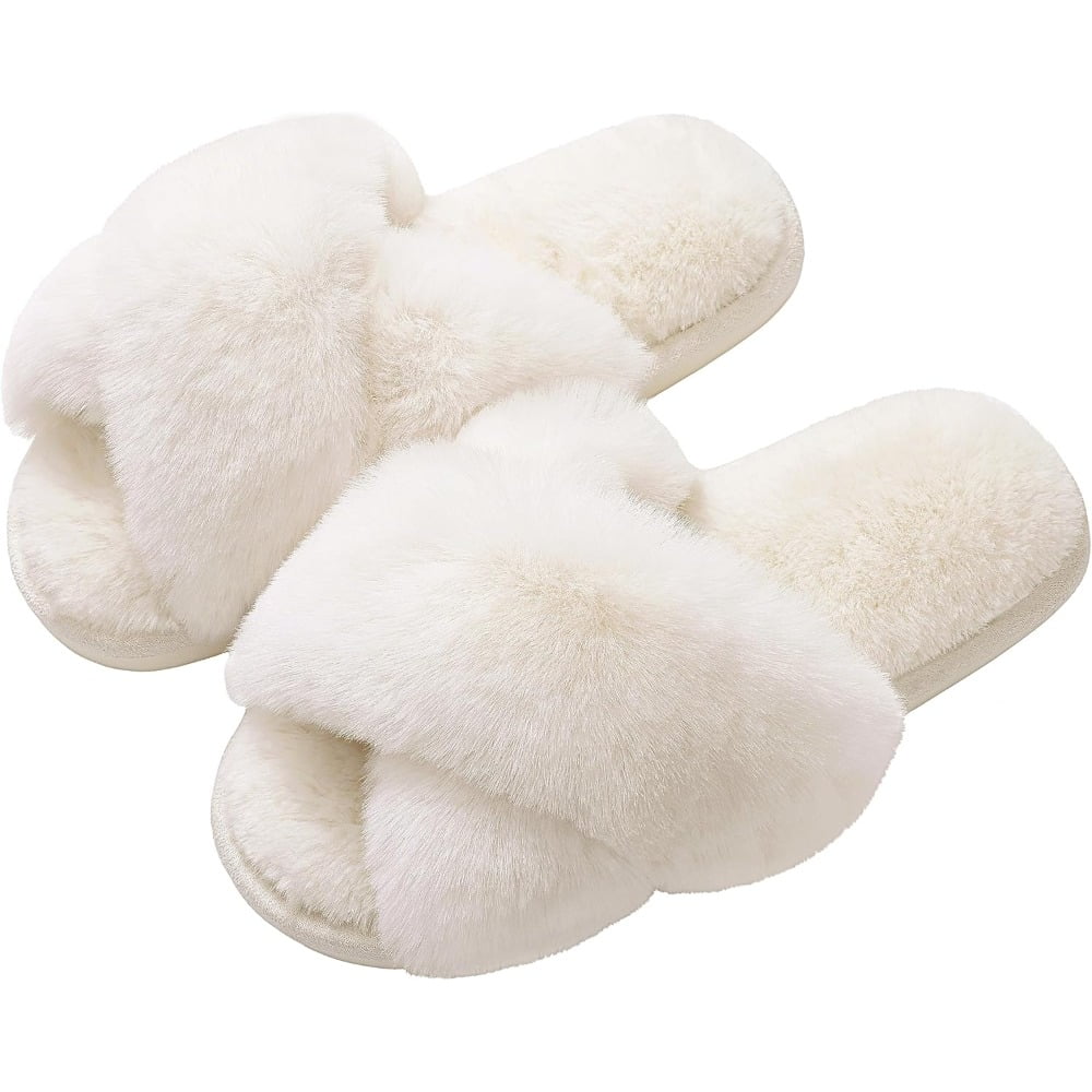 Evshine Womens Fuzzy Slippers Cross Band Memory Foam House Slippers ...