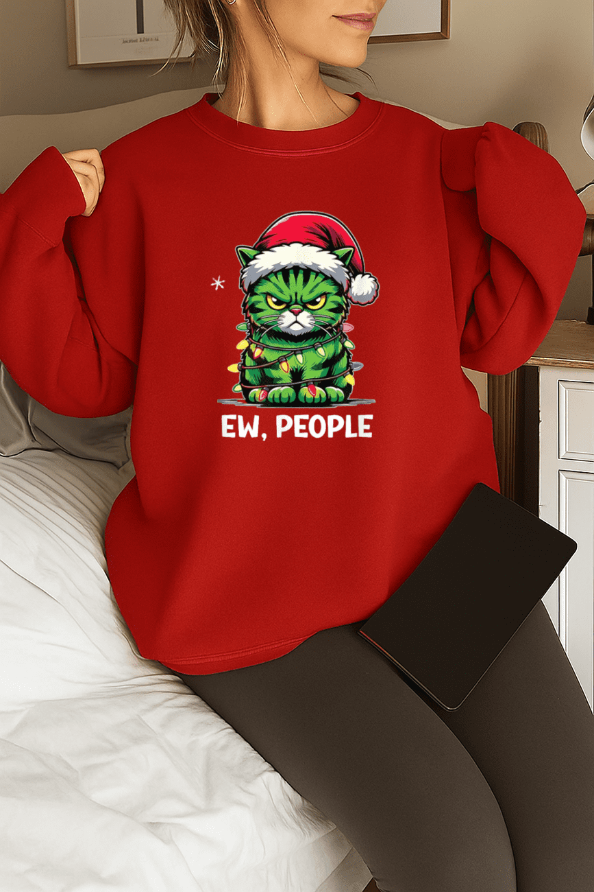 Ew People Bad Cat Christmas Lights Funny Bah Humbug Humor Sweatshirt ...