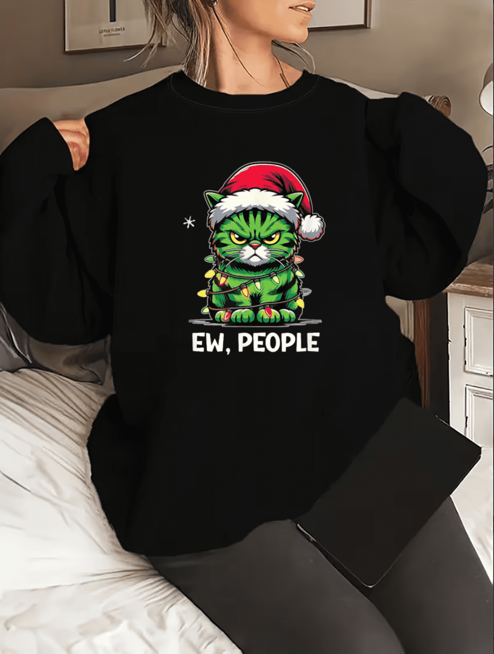 Ew People Bad Cat Christmas Lights Funny Bah Humbug Humor Sweatshirt ...