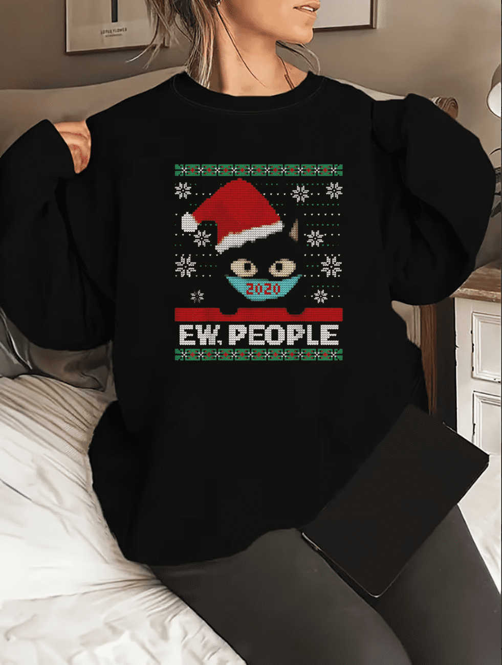 Ew People Black Cat Face Mask Funny Ugly Christmas Themed Sweatshirt ...