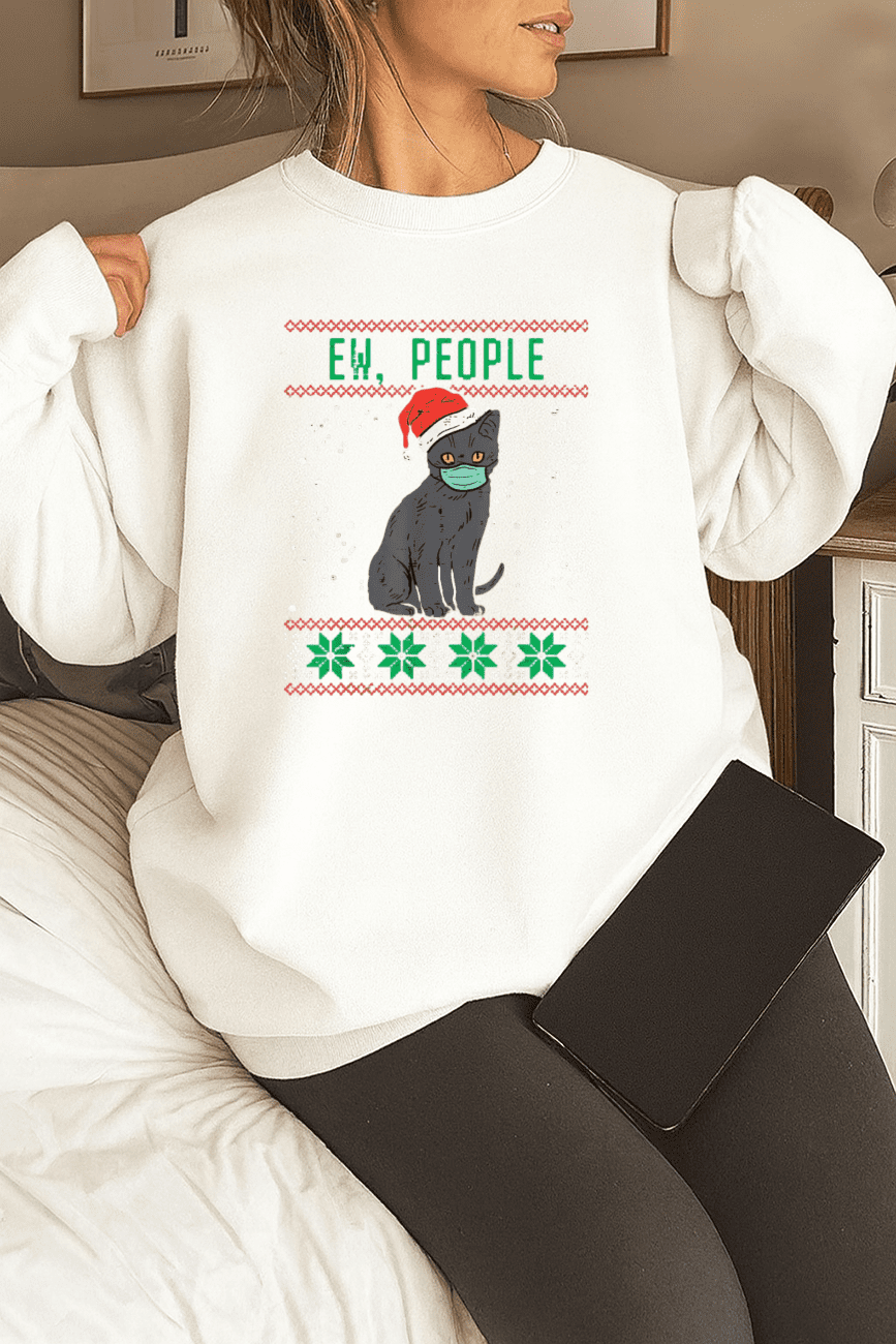 Ew People Black Cat Face Mask Ugly Christmas Holiday Fun Sweatshirt ...