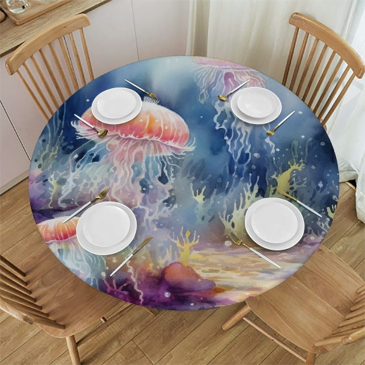 EwdeWwo Whale Elastic Round Tablecloth, Blue Ocean Creature Sea Horse ...
