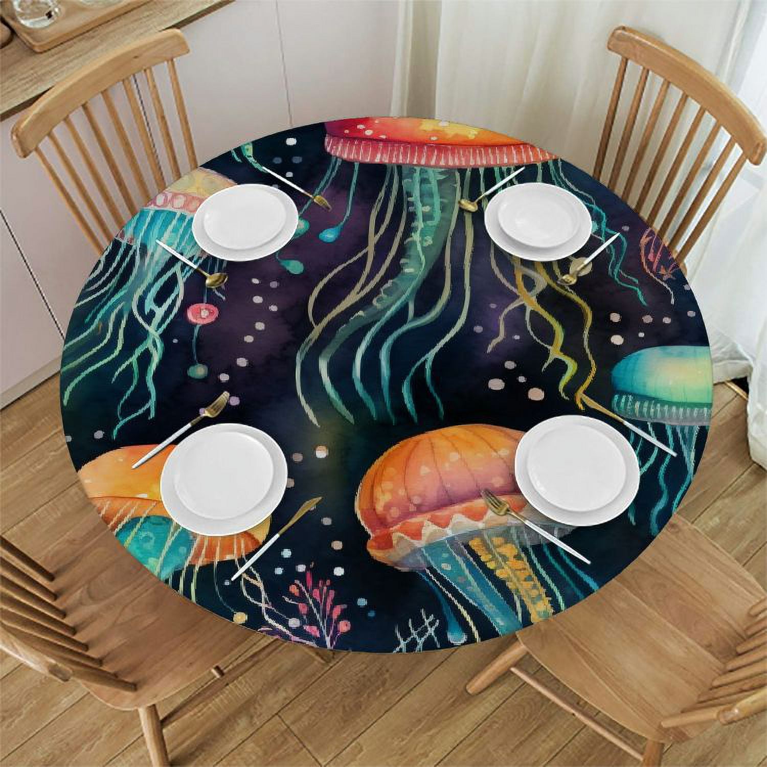 EwdeWwo Whale Elastic Round Tablecloth, Blue Ocean Creature Sea Horse ...