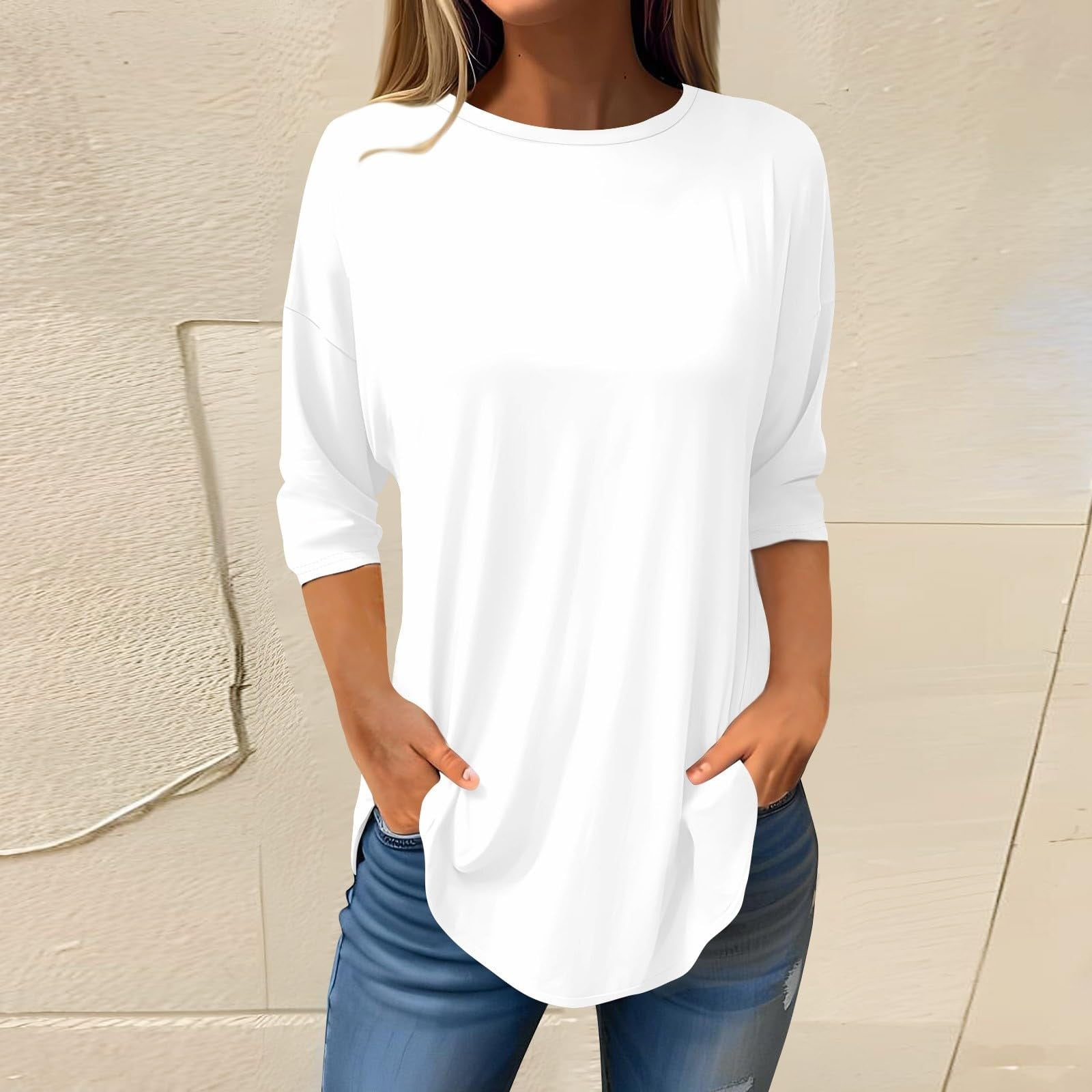 Ewisvgh Women's Pure Color Three Quarter Sleeve Top, Pure Color Fashionable Casual Round Neck ...