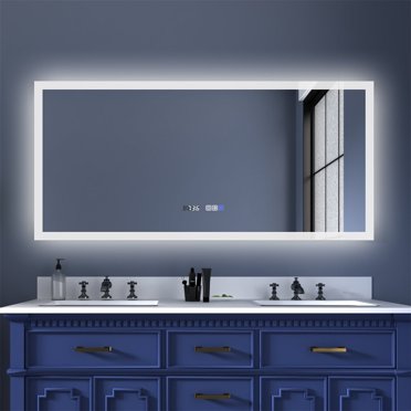 Backlit LED Mirror with 2 Vertical Frosted Inset Strips, White ...