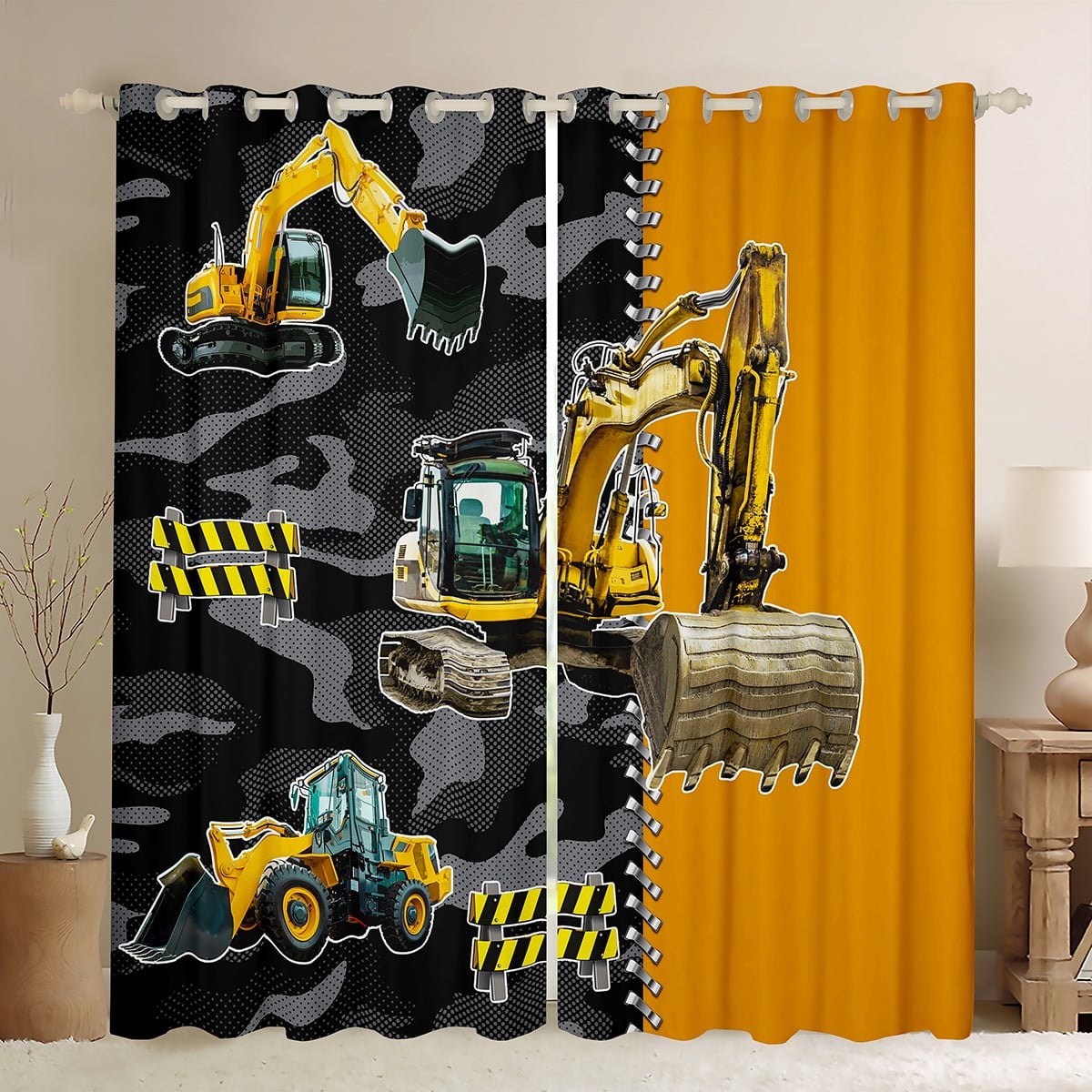 Excavator 30%-50% Blackout Curtains Construction Curtains,Big Wheel Car Black Grey Camouflage ...