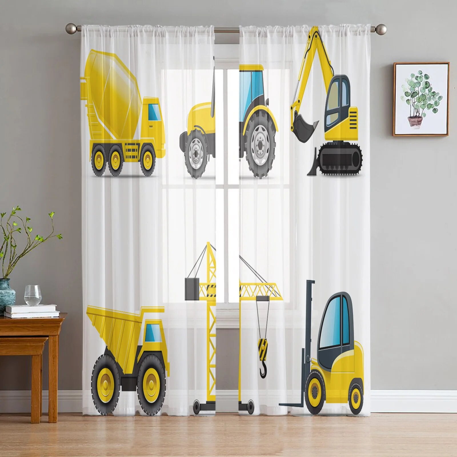 Excavator Car Vehicle Road Sign Sheer Curtain for Living Room Bedroom ...