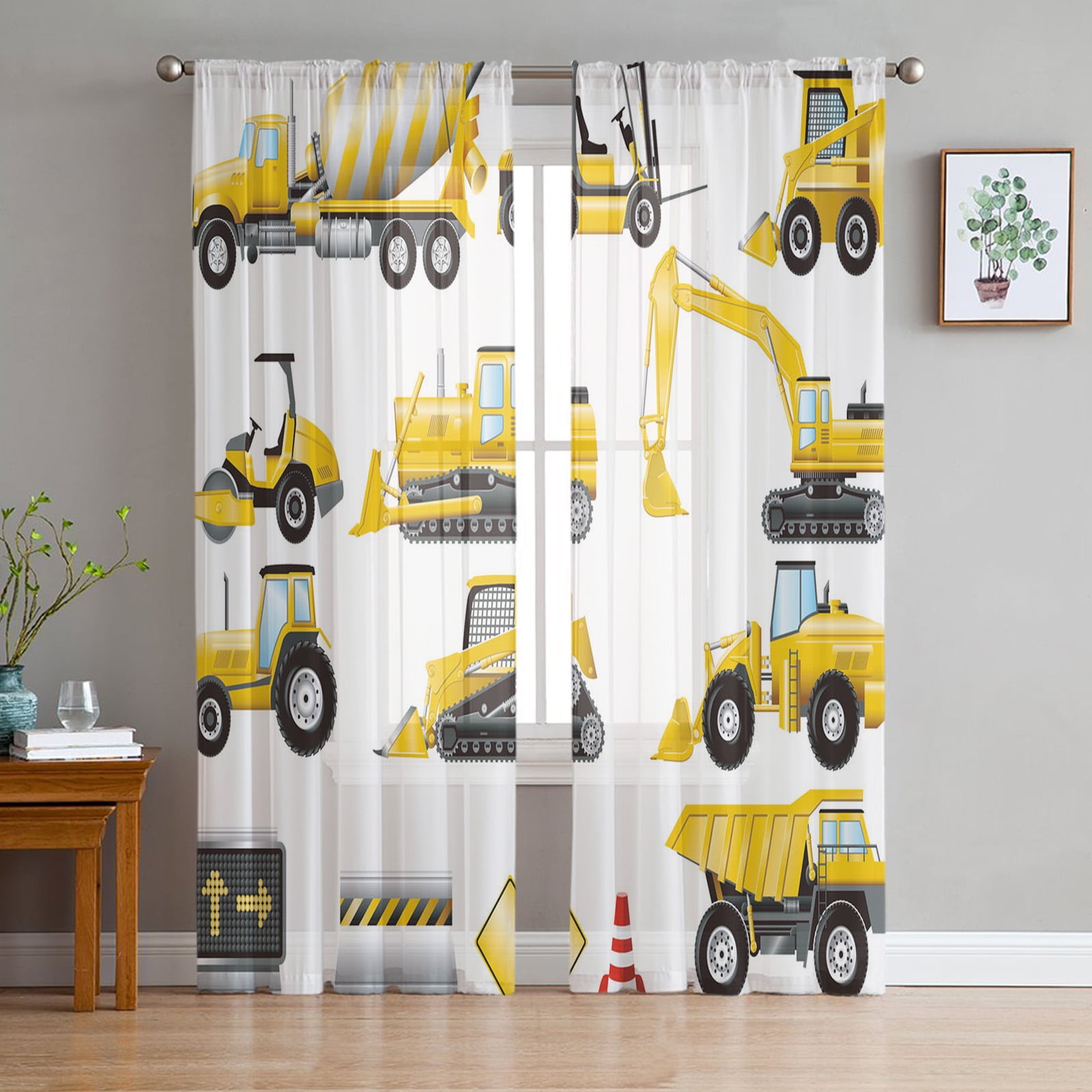 Excavator Car Vehicle Road Sign Sheer Curtain for Living Room Bedroom ...