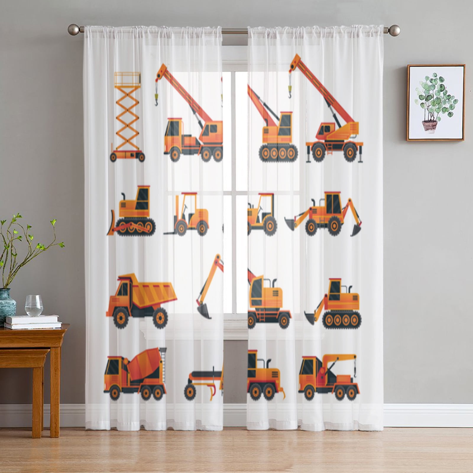 Excavator Car Vehicle Road Sign Sheer Curtain for Living Room Bedroom ...