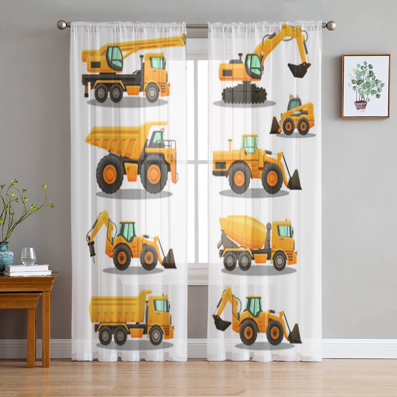 Excavator Car Vehicle Road Sign Sheer Curtain for Living Room Bedroom ...
