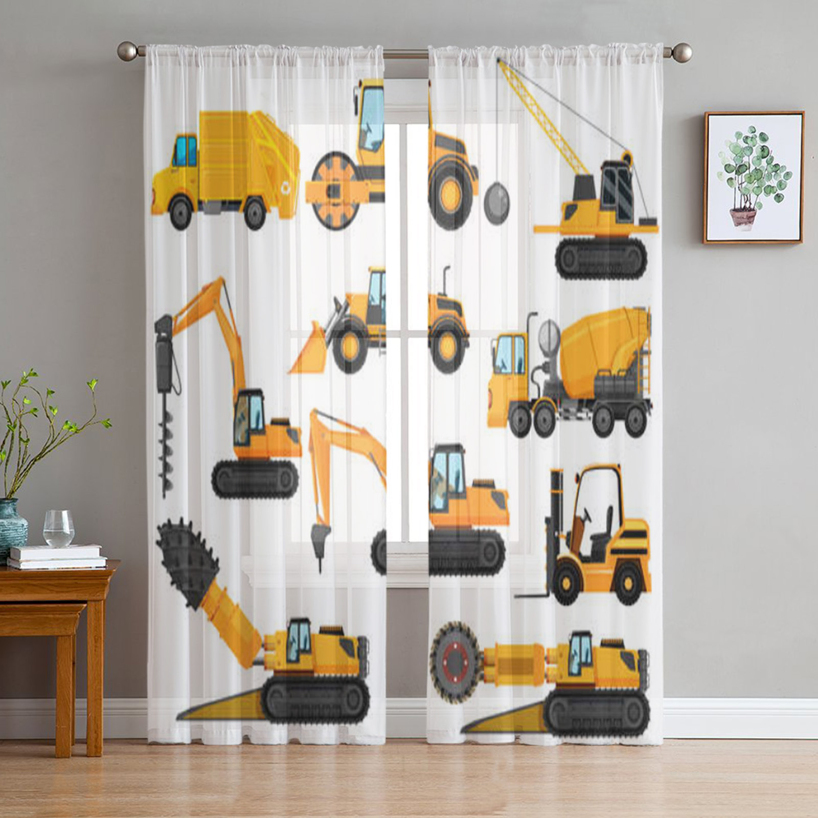 Excavator Car Vehicle Road Sign Sheer Curtain for Living Room Bedroom ...