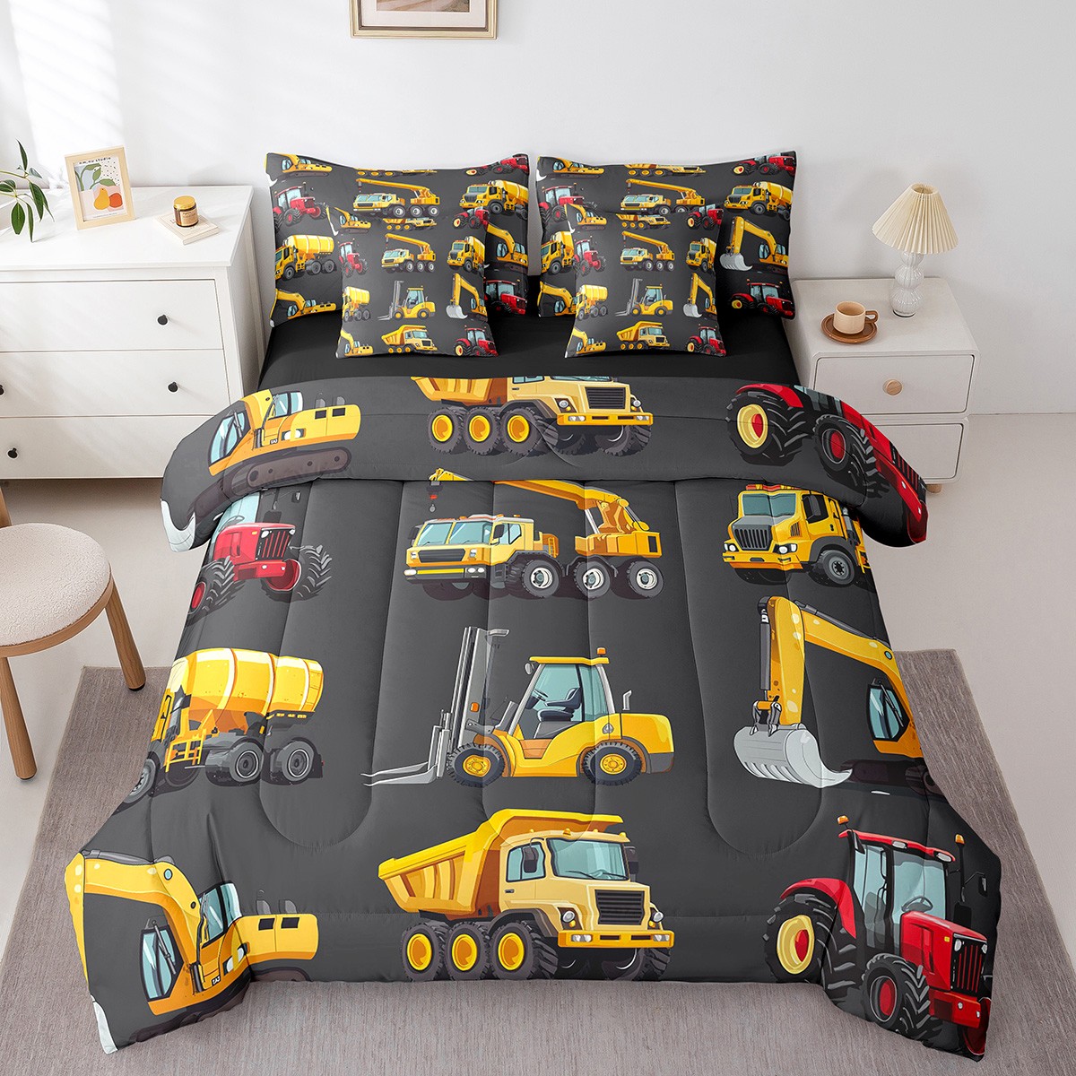 Excavator Comforter Set Full Size,Truck Cartoon Car Bedding Set Teens ...