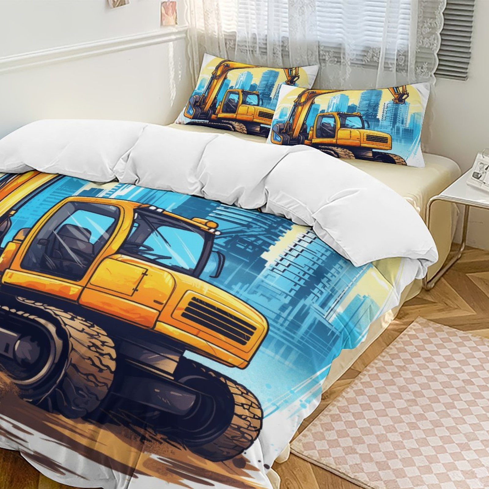 Excavator Construction Vehicle Truck 3D Duvet Cover Set Quilt Cover Theme of Kid Boy Girl for ...