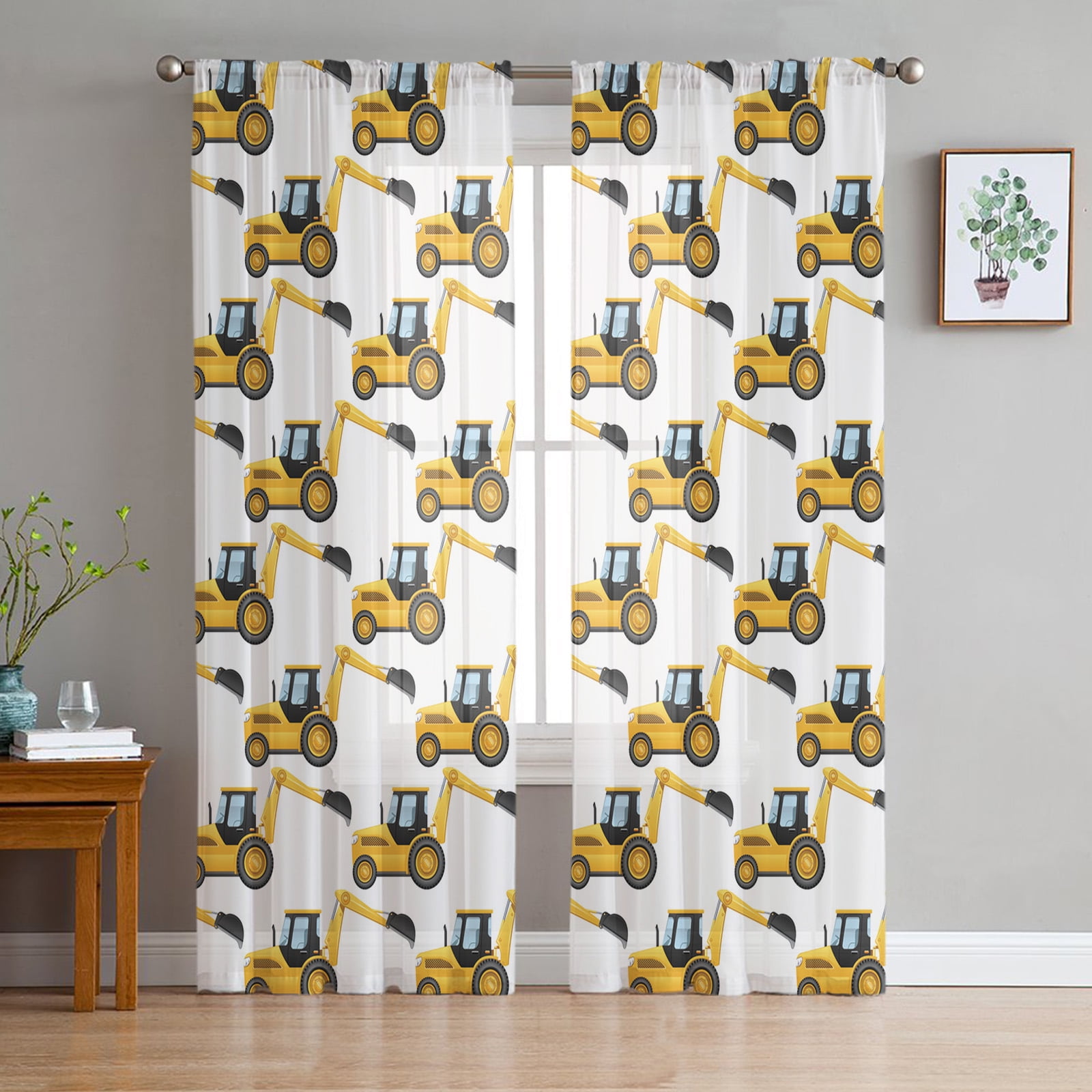 Excavator Mechanical Vehicle Cartoon Tulle Voile Curtains Bedroom ...
