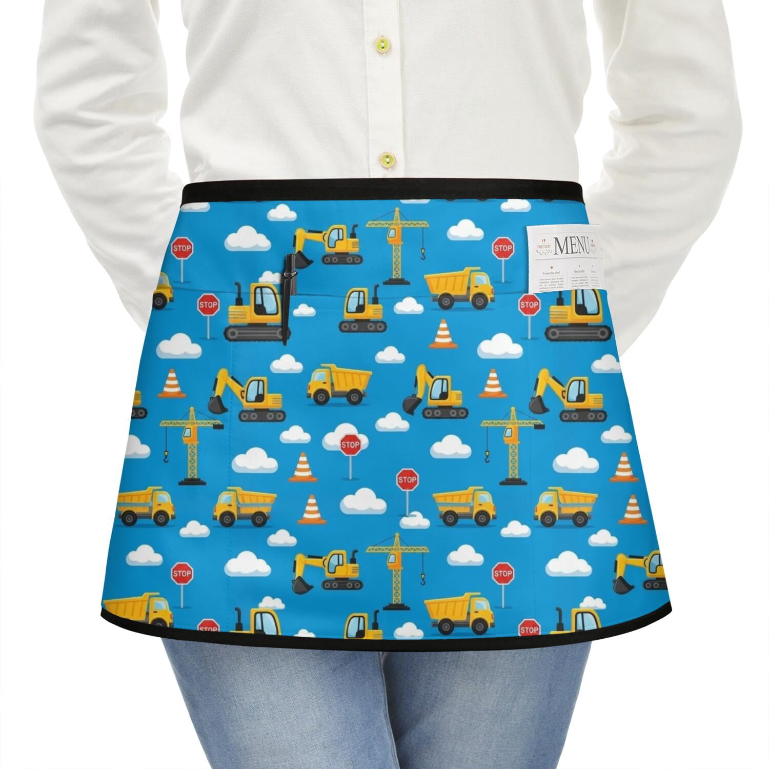 Excavator and Crane Blue Pattern Server Half Apron with Pockets,22.8 X ...