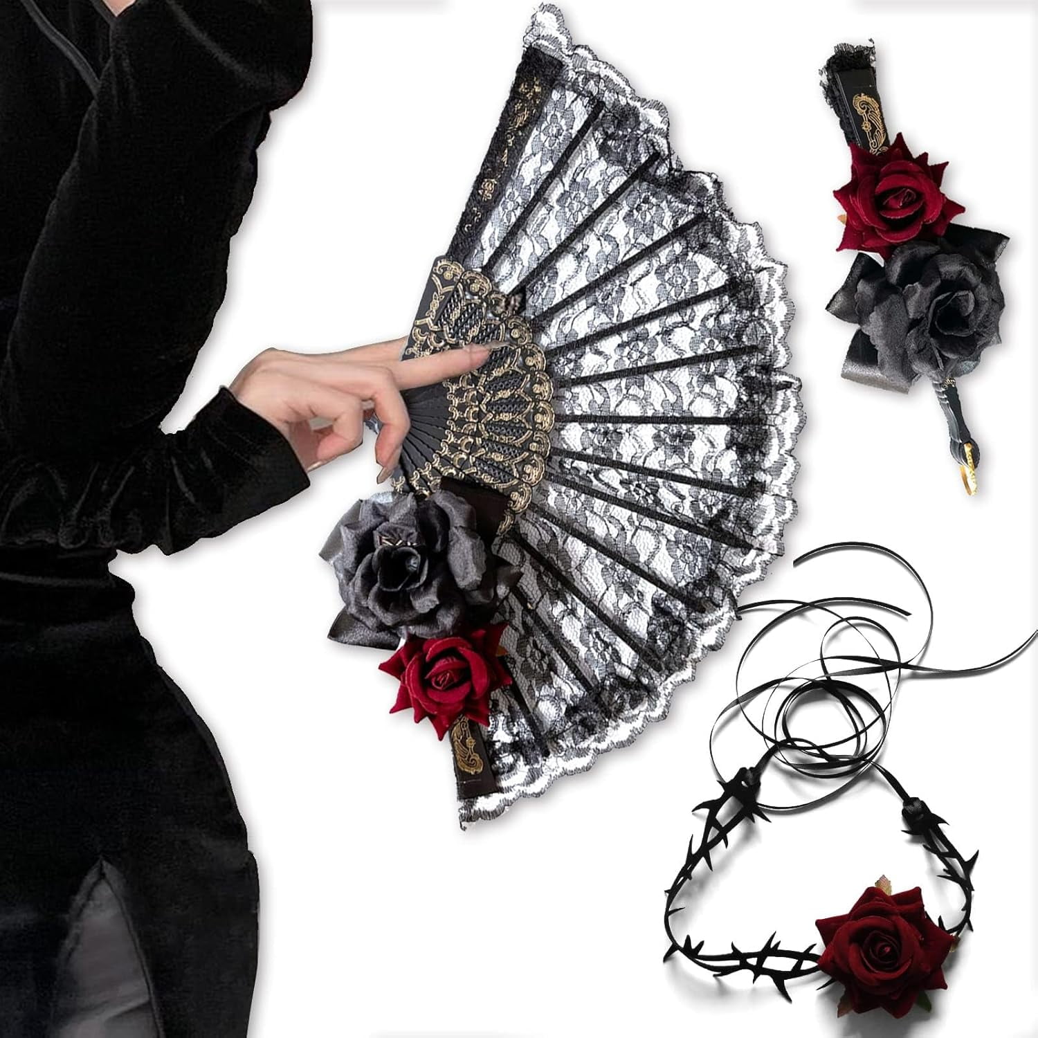 Excefore Black Lace Rose Handheld Folding Fans Rose Flower Choker ...