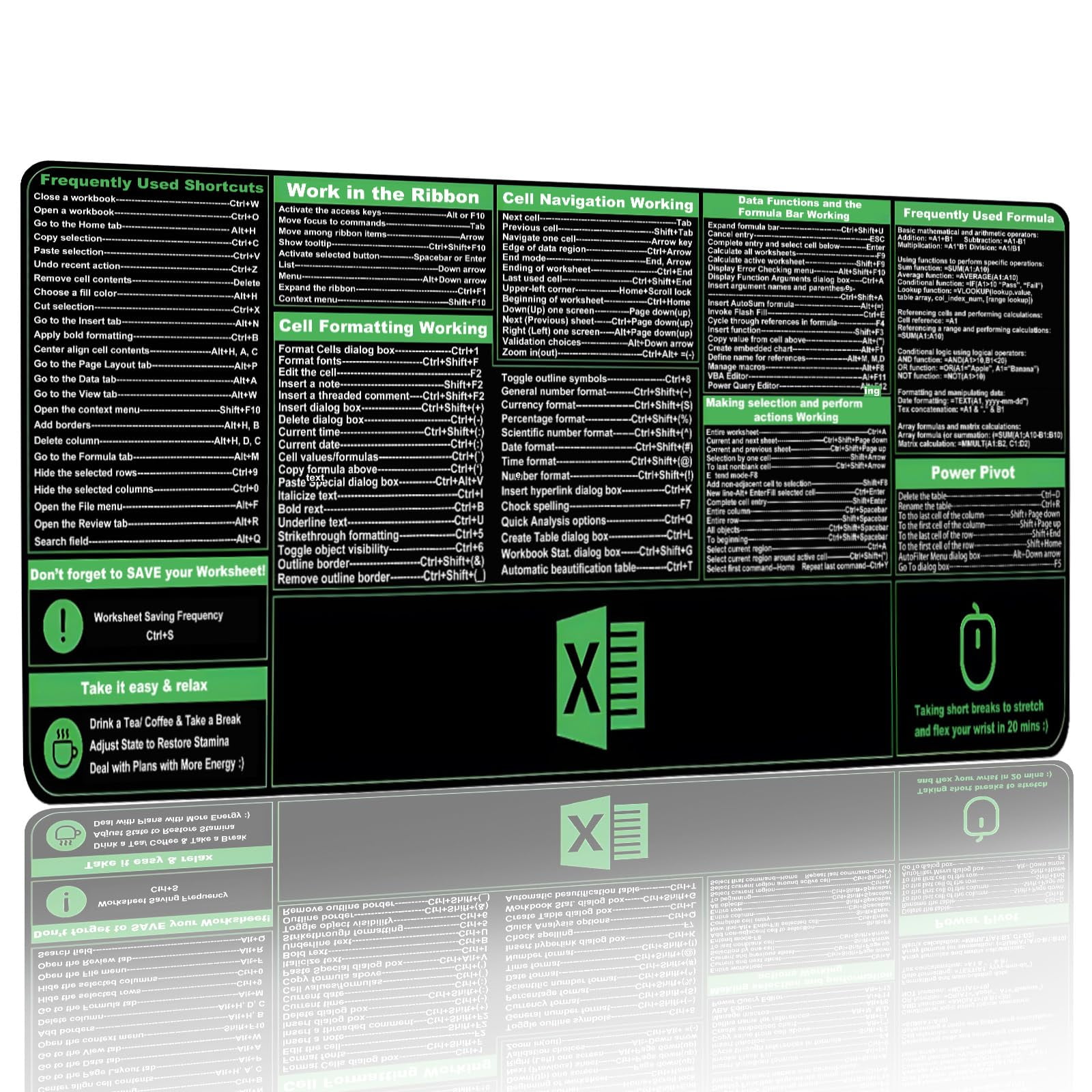 Excel Cheat Sheet Desk Mat, 35.4â€x15.7â€ Excel Shortcuts Mouse Pad ...