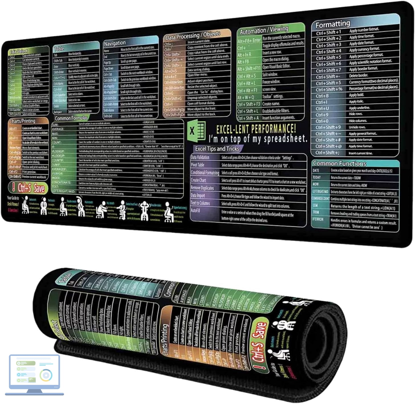 Excel Cheat Sheet Desk Mat, Excel Shortcut Keys Mouse Pad(31.5"x11.8 ...