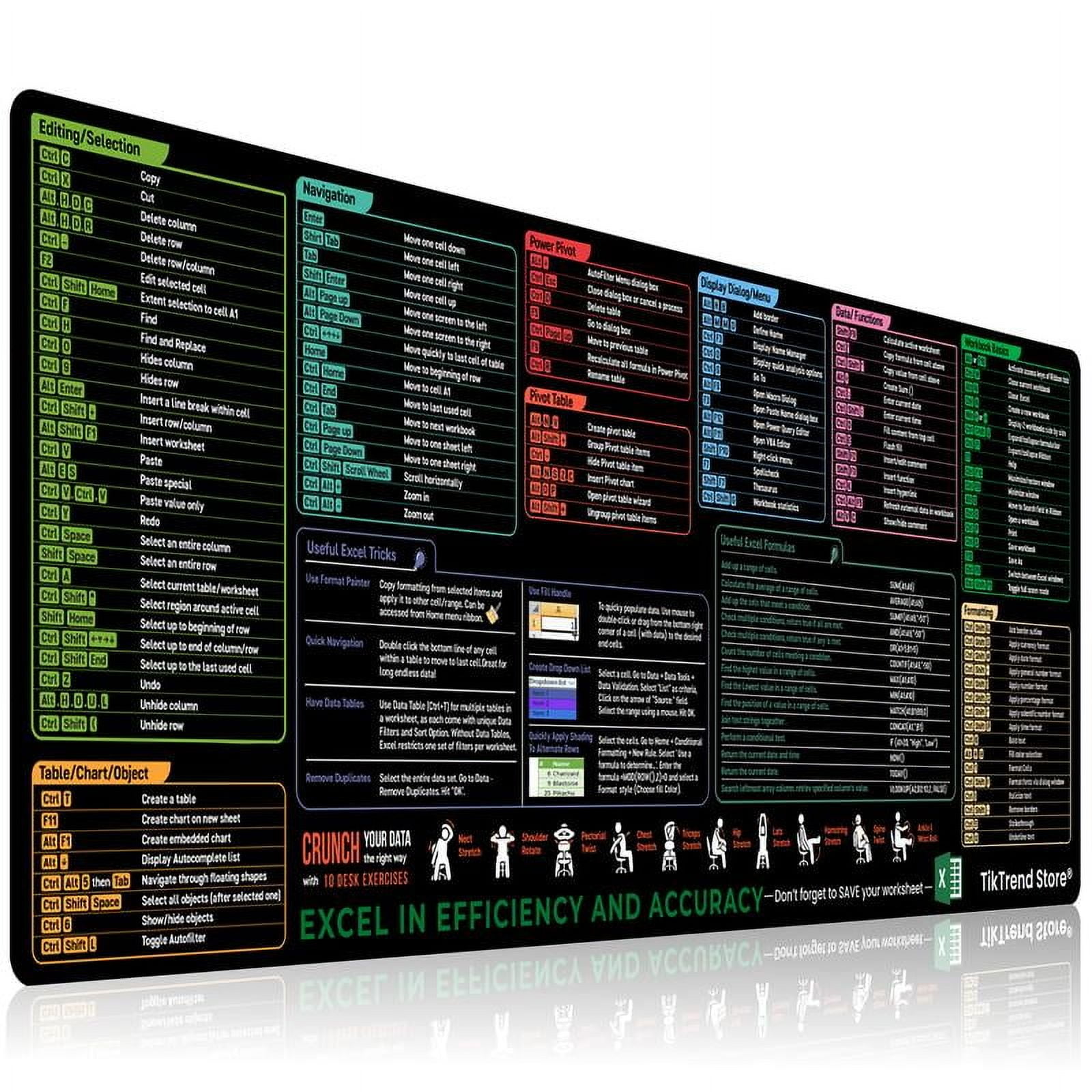 Excel Cheat Sheet Desk Mat, Large 31.5"x11.8" Excel Keyboard Shortcut ...