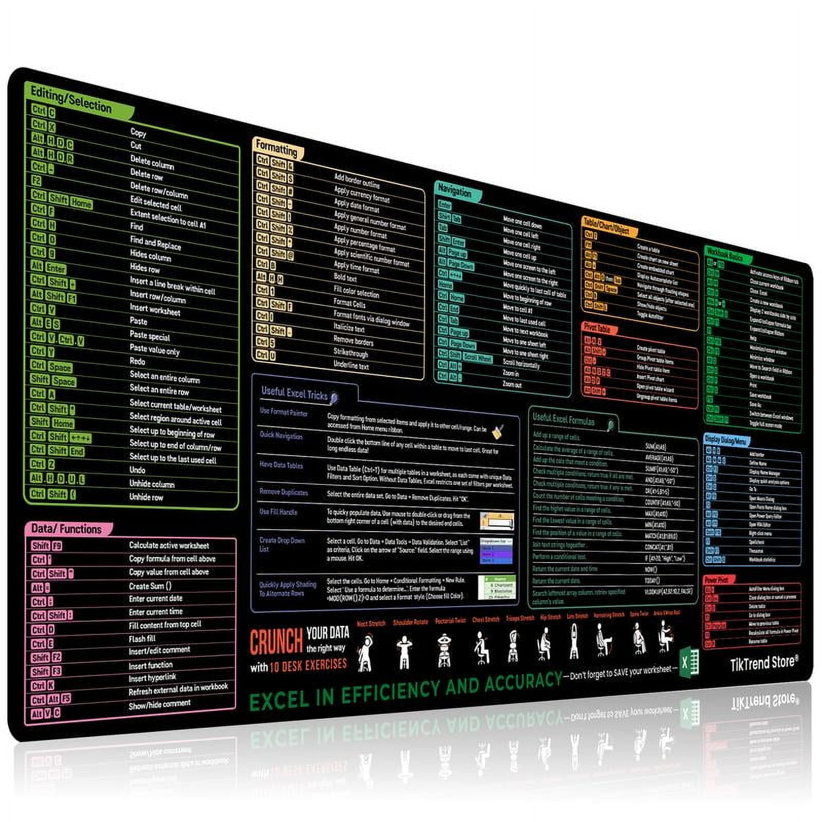 Excel Cheat Sheet Desk Mat, Large 31.5"x11.8" Excel Keyboard Shortcut ...