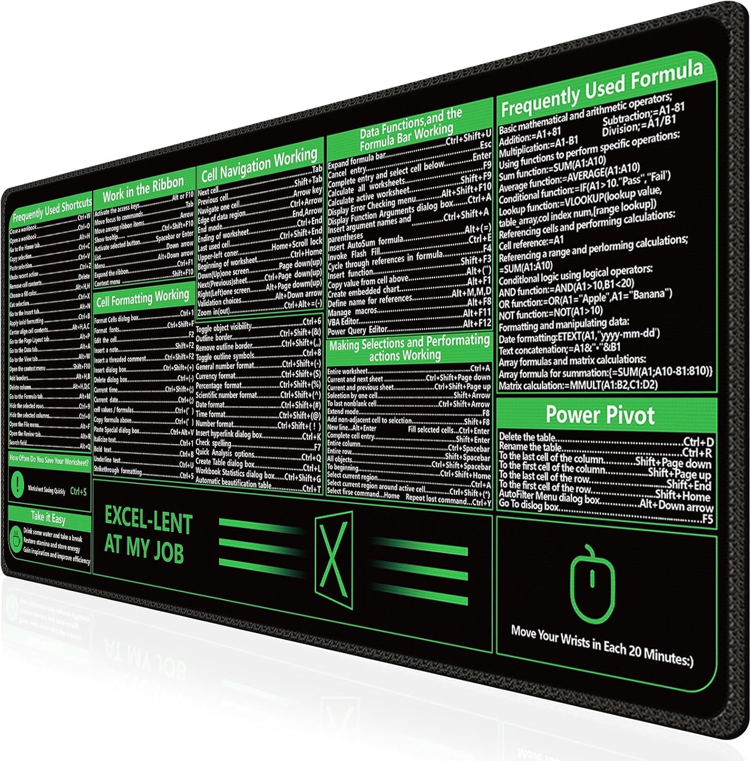 Excel Cheat Sheet Desk Pad,Excel Mouse Pad Shortcuts,Excel Shortcuts ...