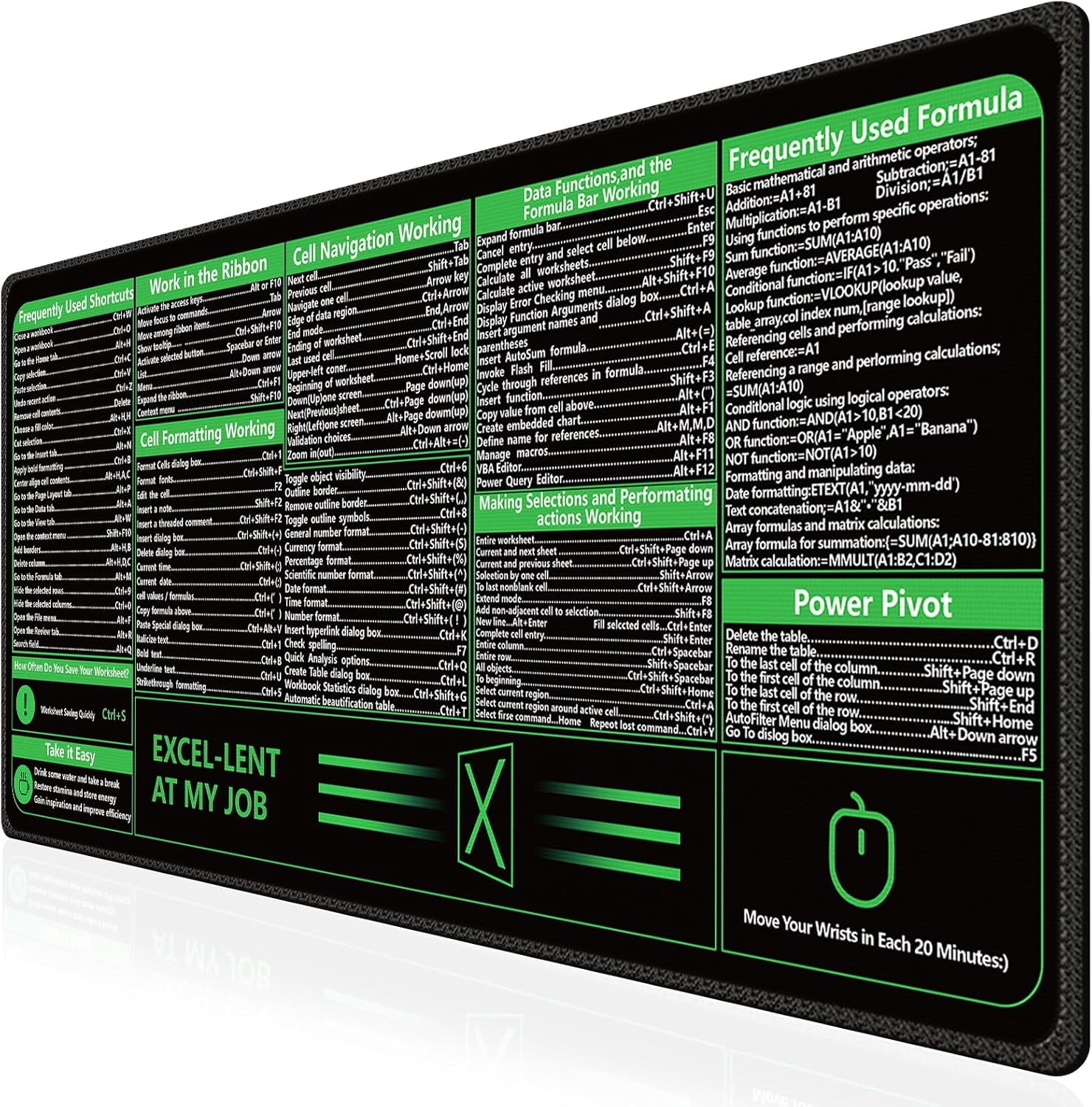 iCasso Excel Cheat Sheet Desk Pad,Excel Mouse Pad Shortcuts,Excel ...